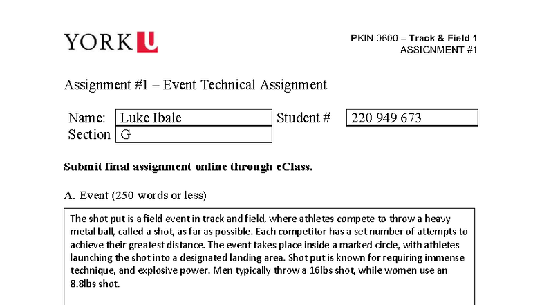 PKIN 0600 - Track & Field Assignment: Shot Put Overview - Studocu