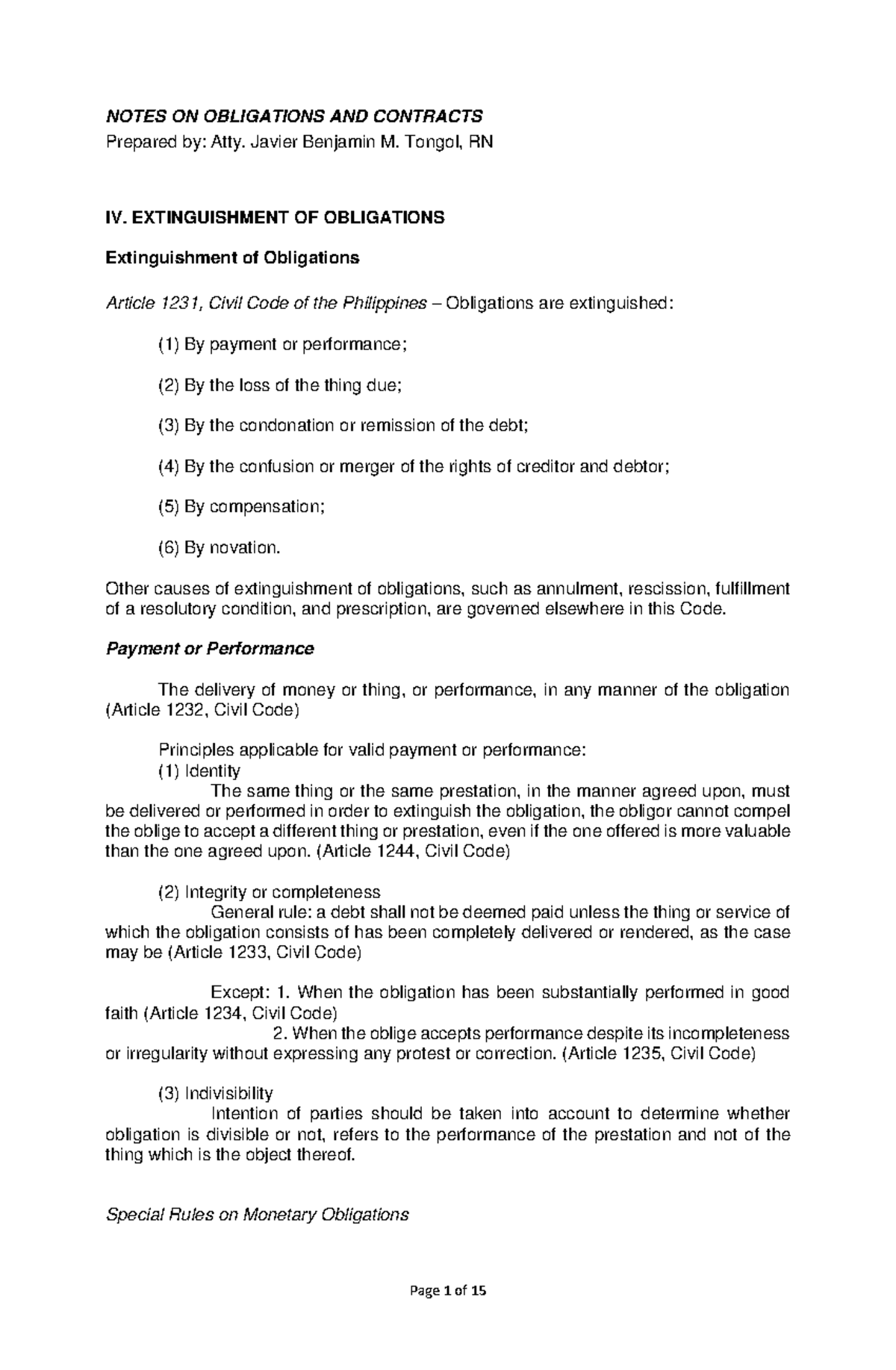 Notes on Extinguishment of Obligations (Obligations & Contracts) - Studocu