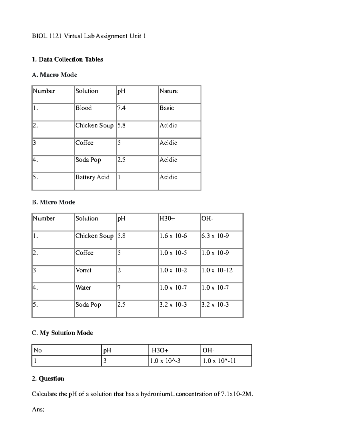 BIOL 1121 Virtual Lab Assignment Unit 1 - Macro Mode Number Solution pH ...
