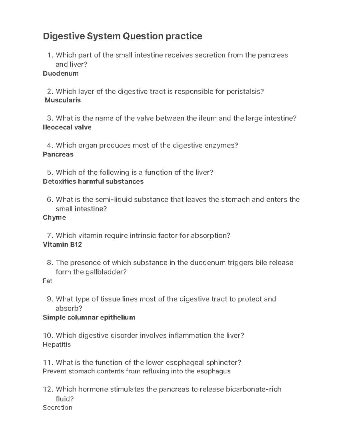 Digestive System Practice Questions - Quiz Prep Guide - Studocu