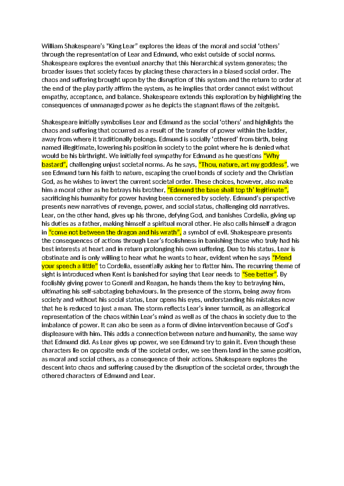 King Lear Essay Analysis: Social Order and Moral Chaos - Studocu