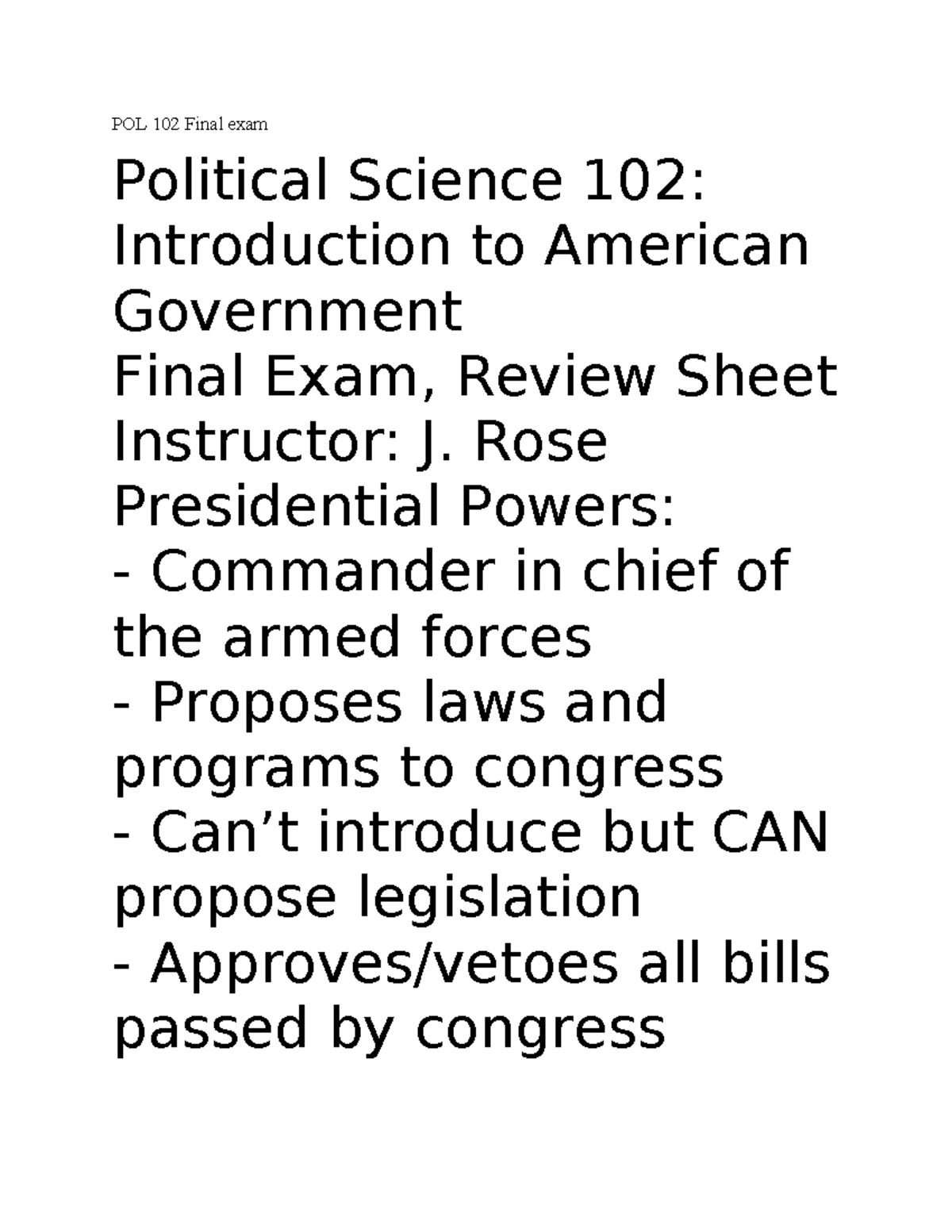 POL 102 Final Exam Review - American Government Notes - Studocu