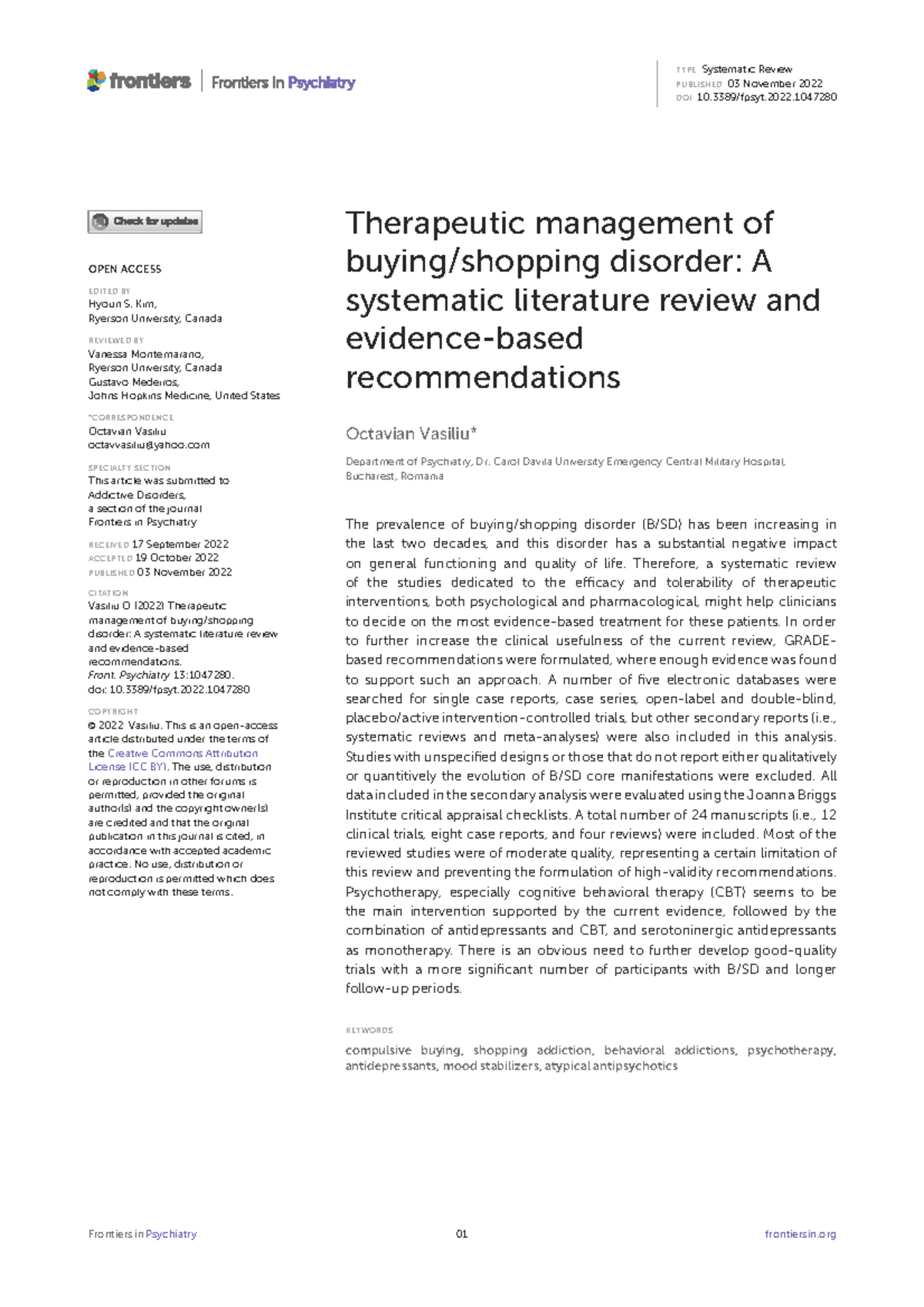 Therapeutic Management of Compulsive Buying Disorder: A Systematic ...