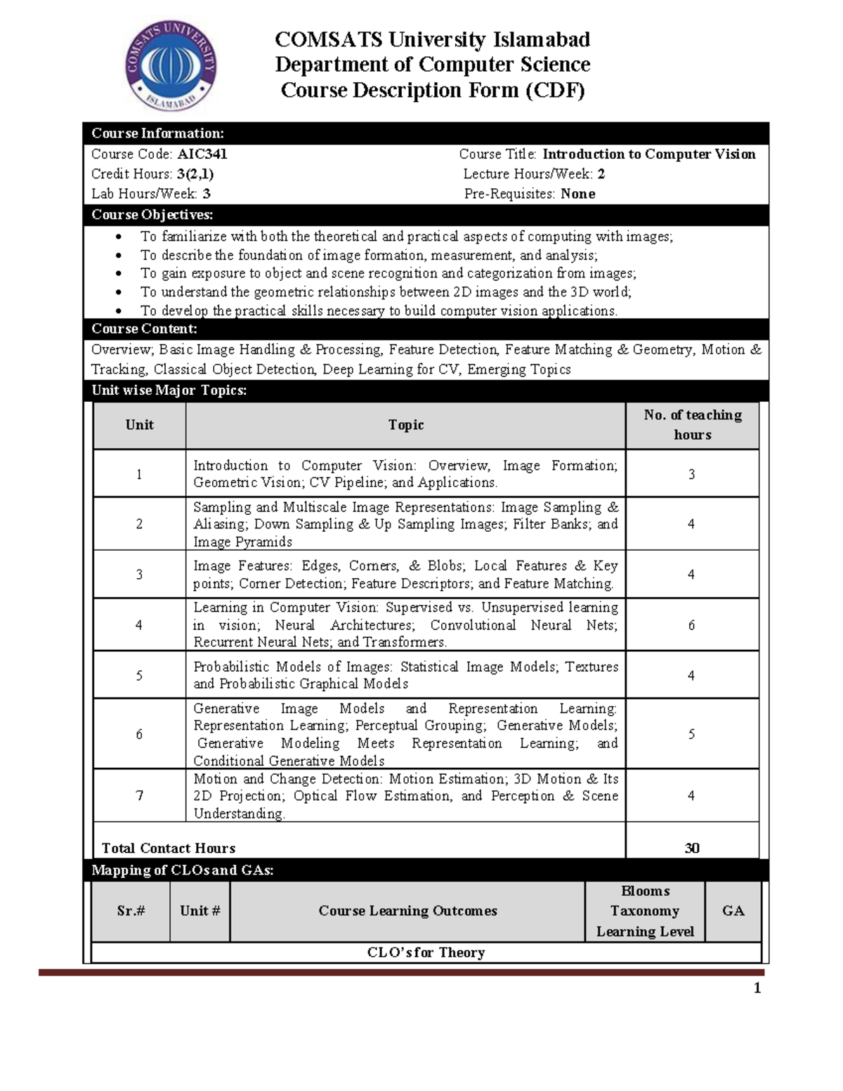 AIC341 Introduction to Computer Vision Course Description Form - Studocu