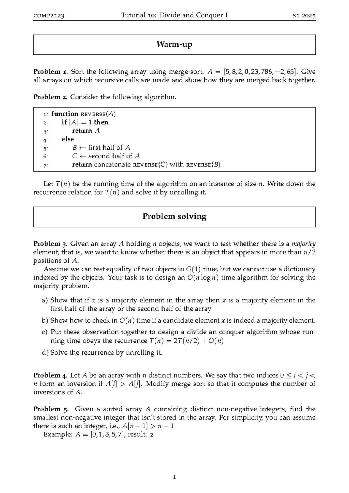 Comp2123 Tutorial 10: Divide and Conquer I - S1 2025 Solutions and ...