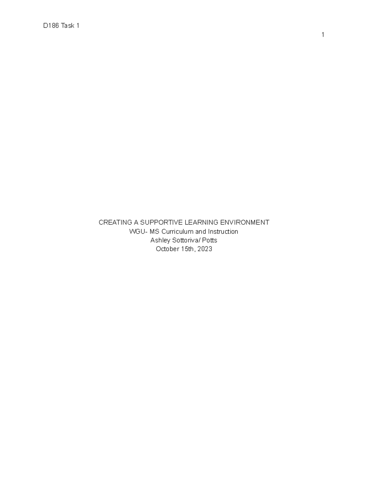 D186 Task 1 - Creating a Culturally Responsive Learning Environment - Studocu