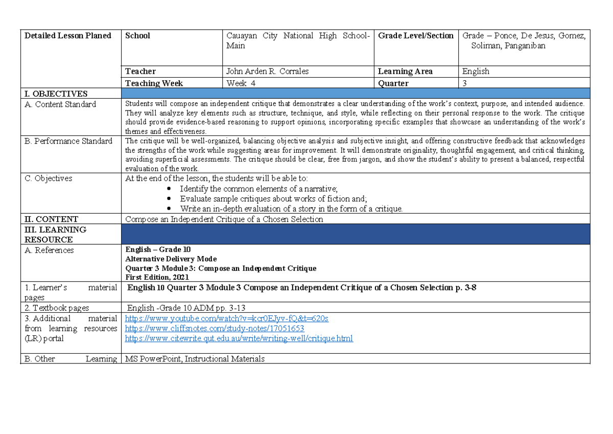 DLP English 10 Compose AN Independent Critique - Detailed Lesson Planed ...