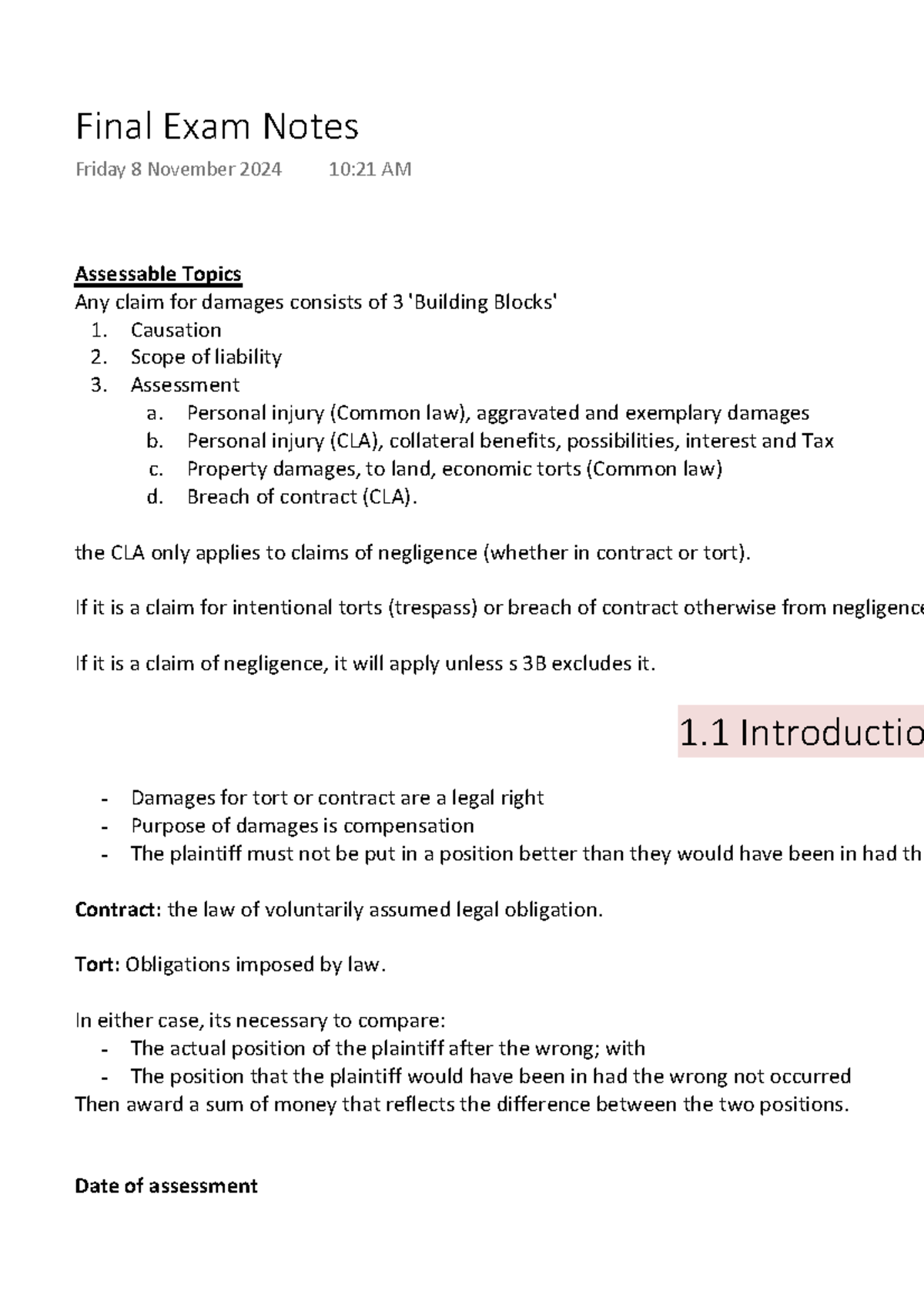 Final Exam Notes - Assessable Topics Any claim for damages consists of ...