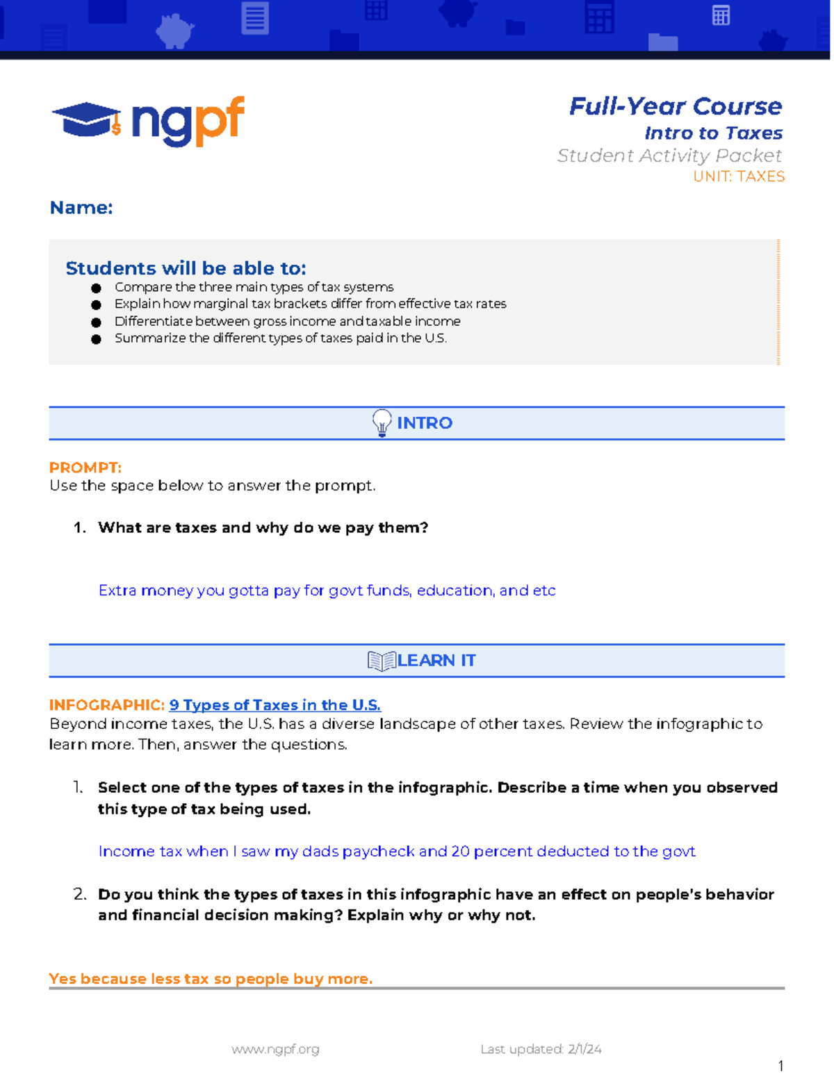 Copy of Intro to Taxes Student Activity Packet - Full-Year Course Intro ...