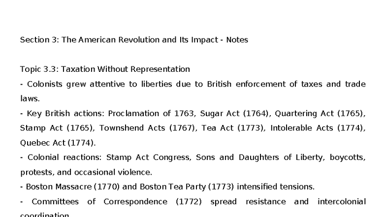 Section 3: The American Revolution & Its Impact Notes - Studocu
