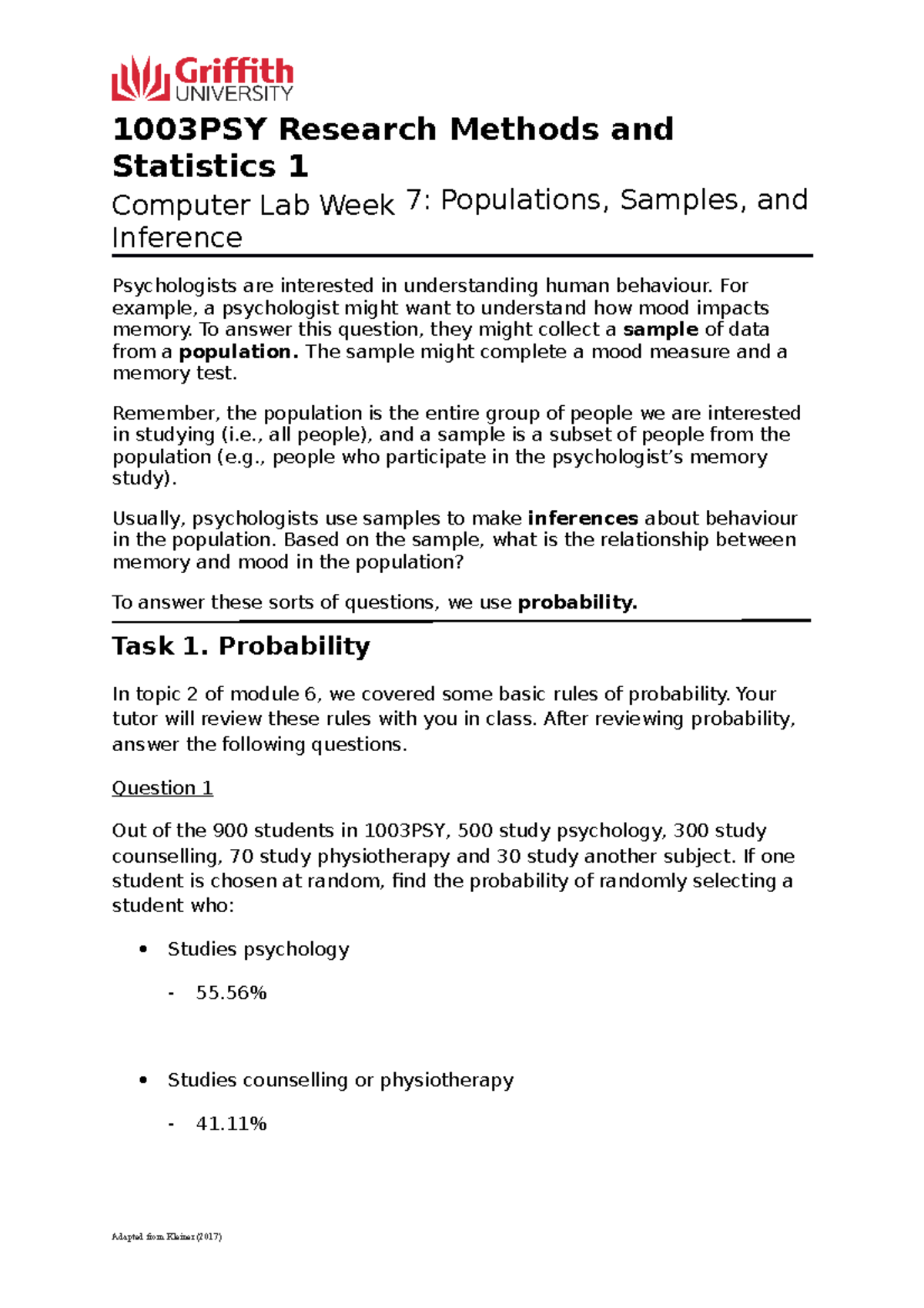 Week 7 Computer Lab Worksheet 2022 - 1003PSY Research Methods and ...
