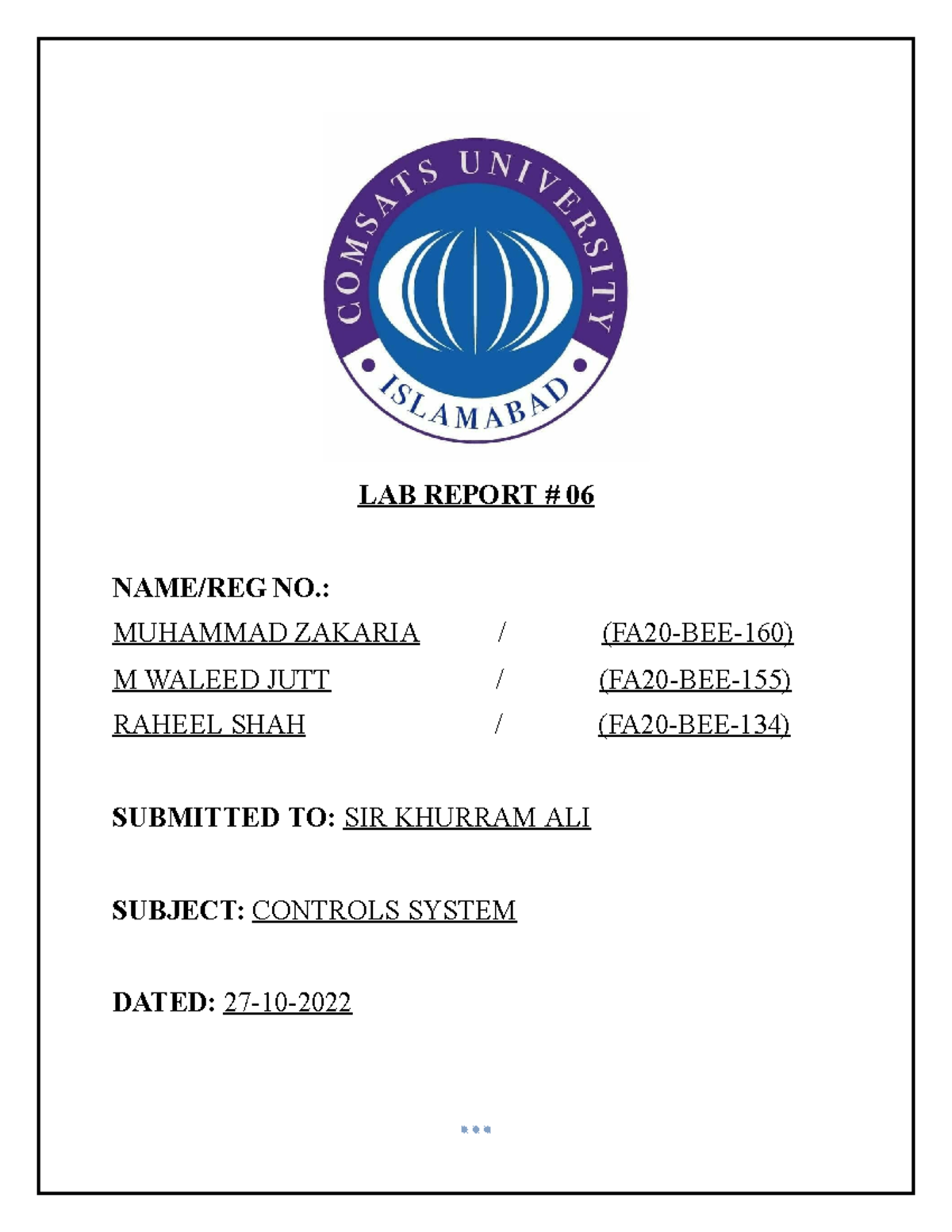 Lab Report 6 Cs Control System Lab No 1 In This Lab Report 06 Namereg No Muhammad