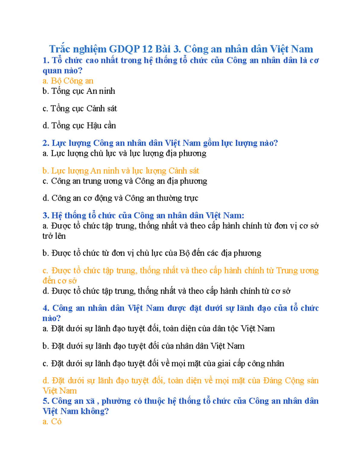 Trắc nghiệm GDQP 12 Bài 3 tổ chức quân đội và CAND vn - Trắc nghiệm GDQP 12 Bài 3. Công an nhân ...