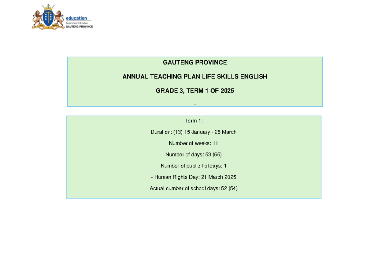 Life Skills ATP G3 Term 1 Overview 2025: Curriculum & Activities - Studocu