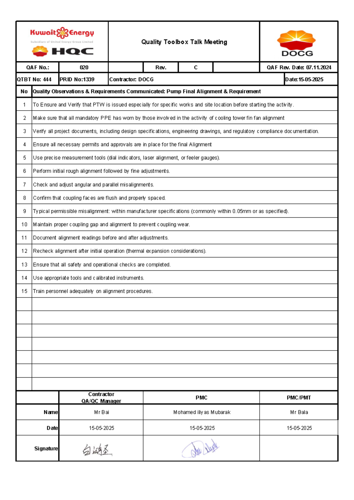 Quality Toolbox Talk Meeting QTBT 444: Pump Alignment Guidelines - Studocu