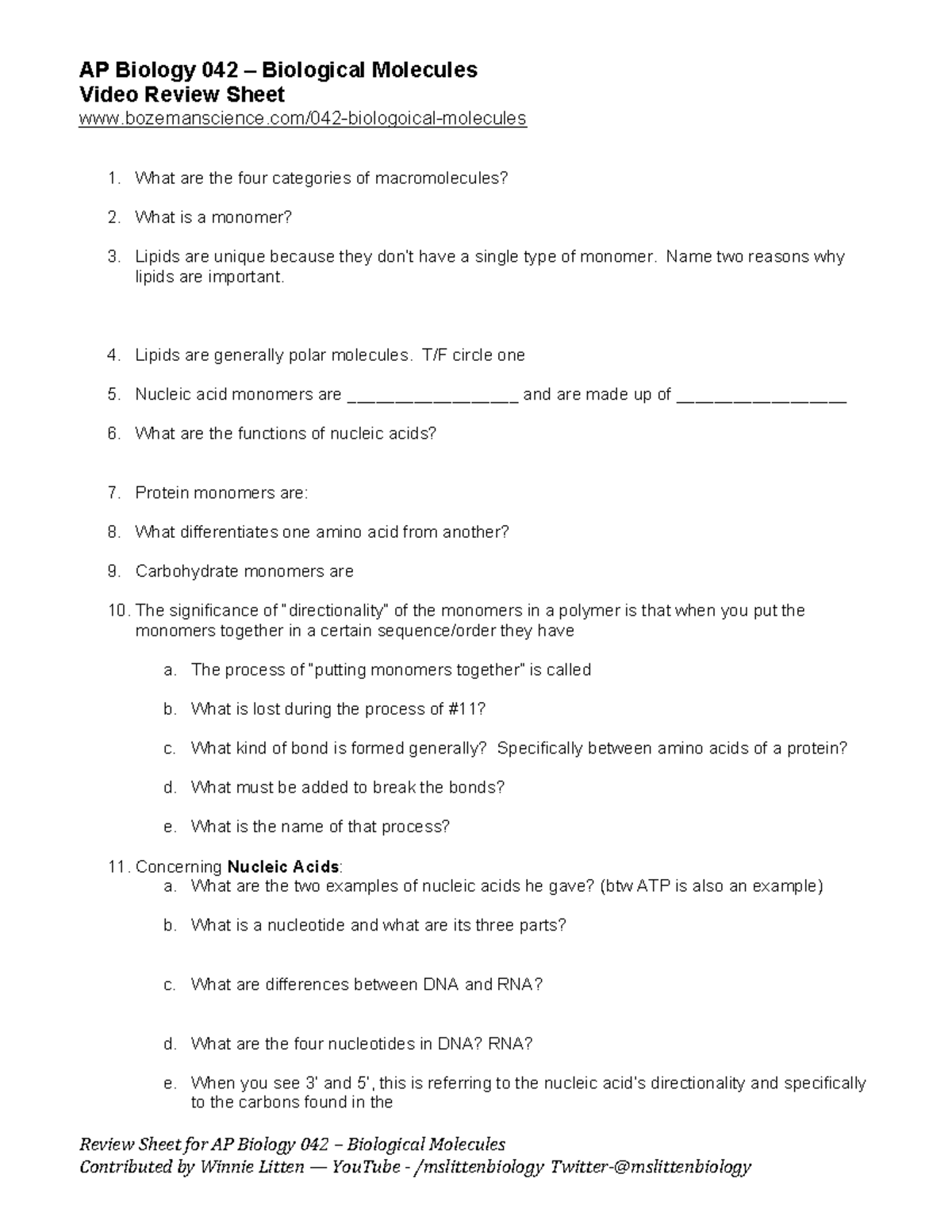 AP Bio 042 - Final Review Sheet for Biological Molecules - Studocu