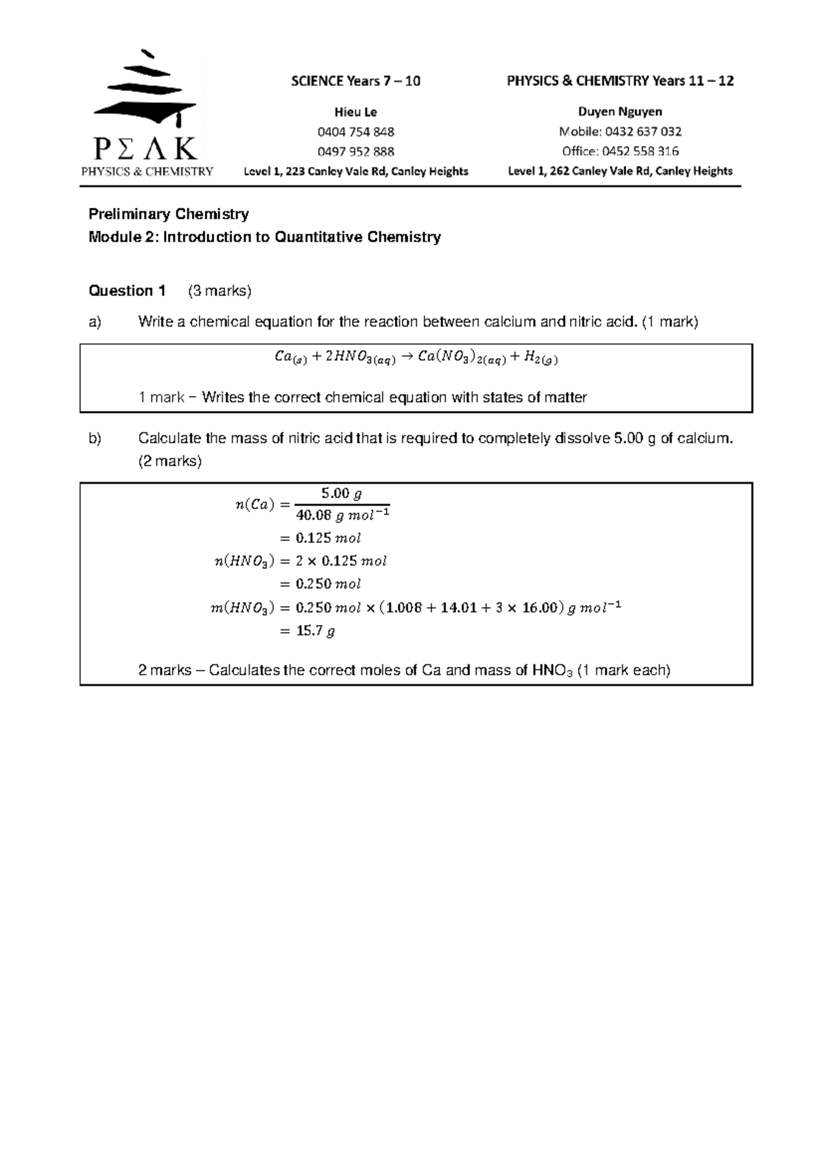Chemistry Module 2: Quantitative Revision Solutions - Studocu