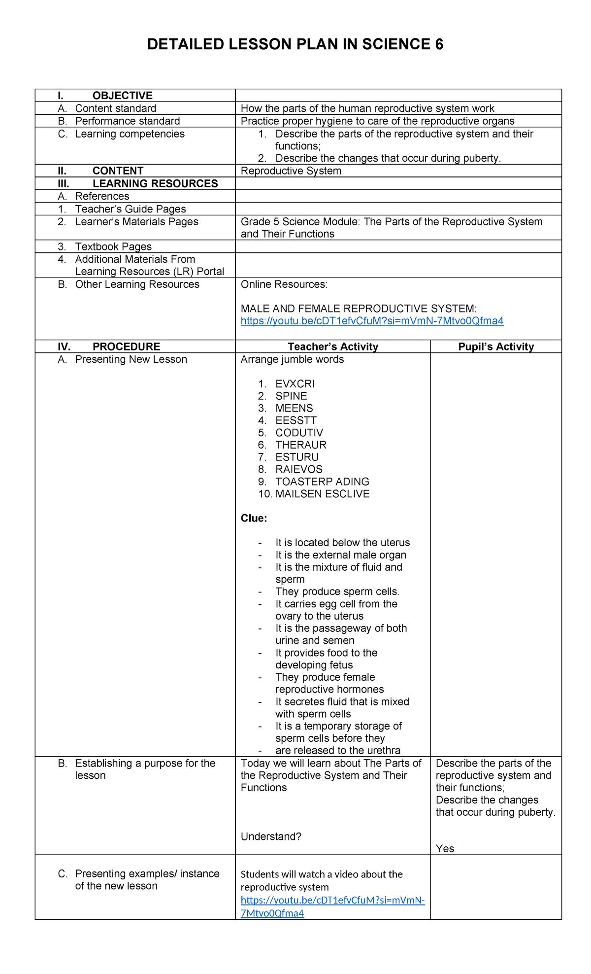 Detailed Lesson Plan on Human Reproductive System (Science 6) - Studocu
