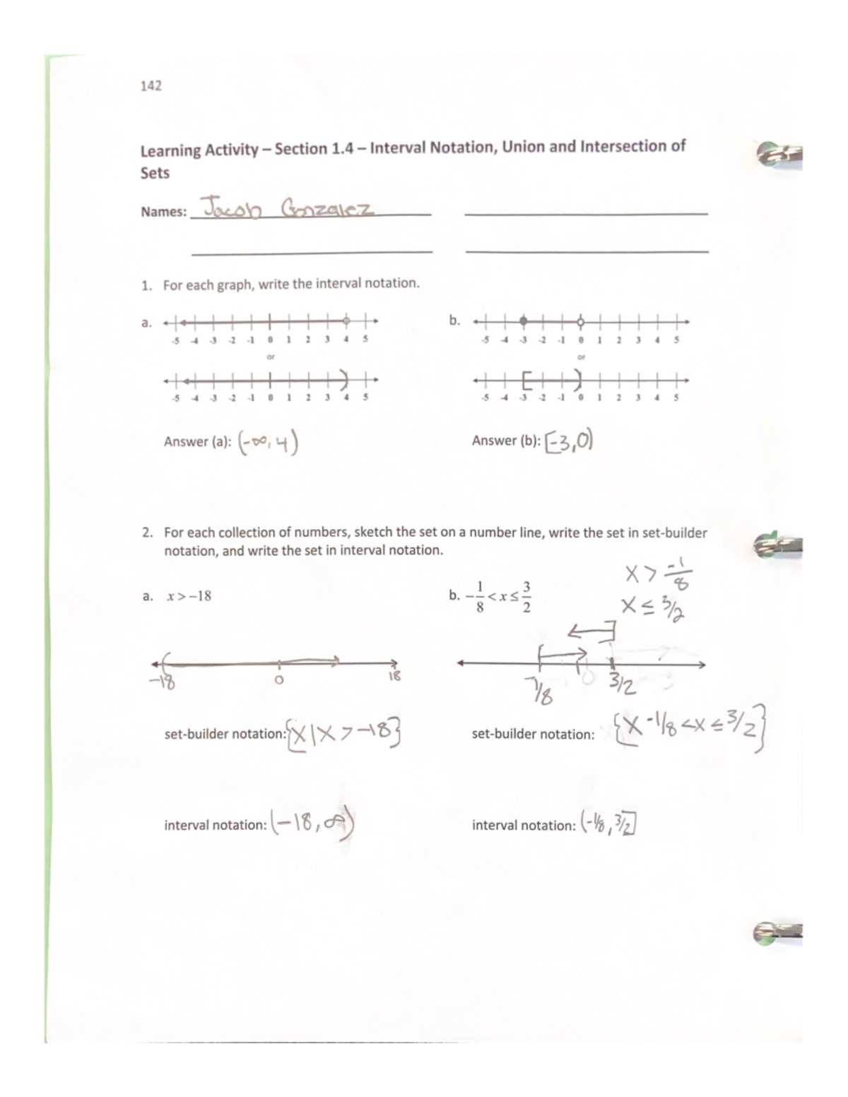 Learning Activity - Section 1.4 - Interval Notation, Union and ...