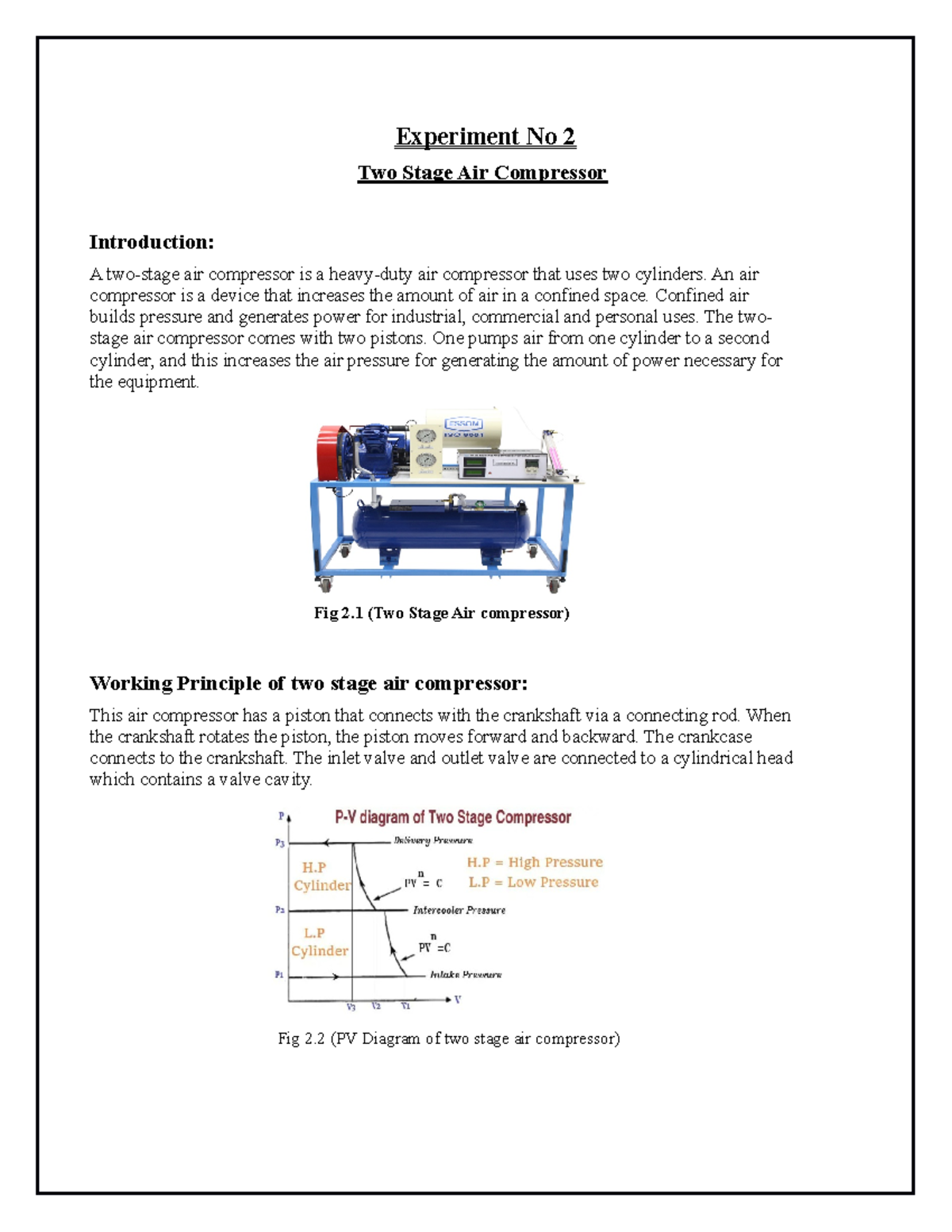 Experiment No 2: Two-Stage Air Compressor Analysis and Components - Studocu