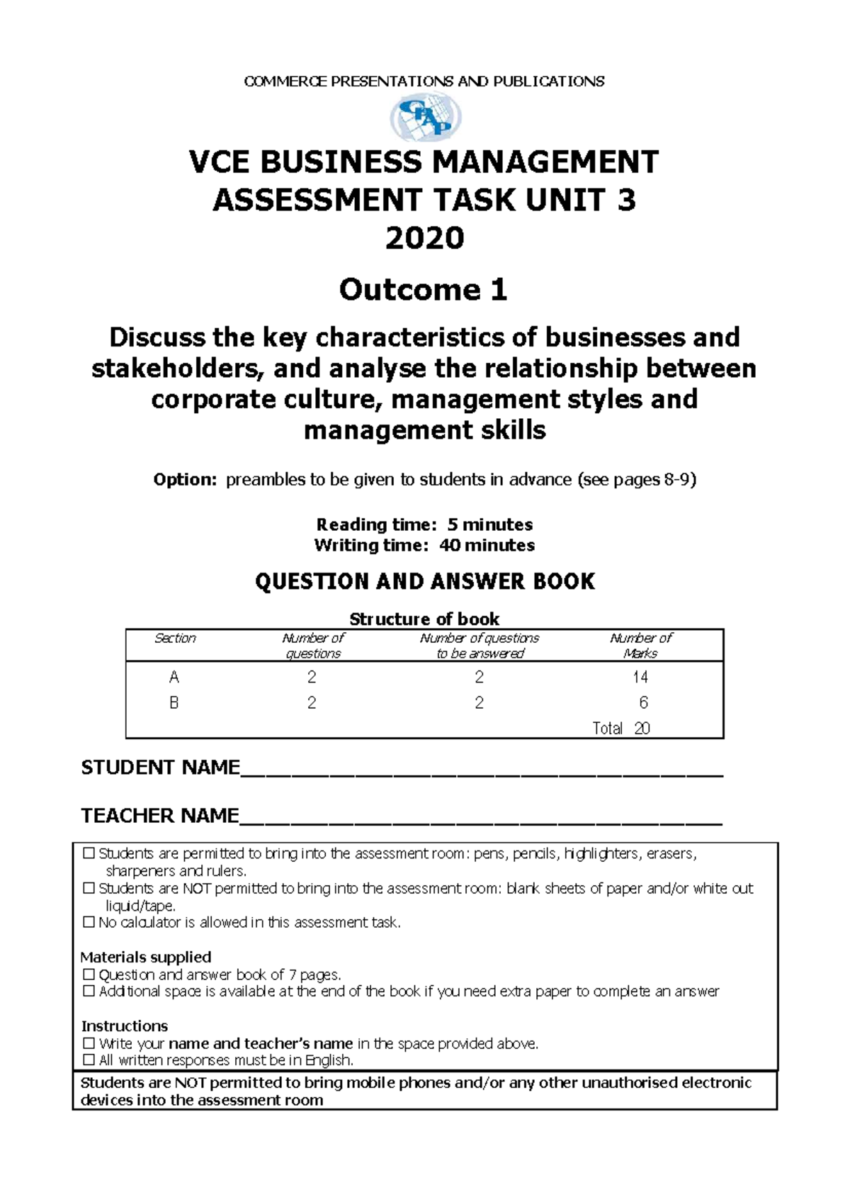 CPAP 2020 Business Management Assessment Task: Outcome 1 Unit 3 - Studocu