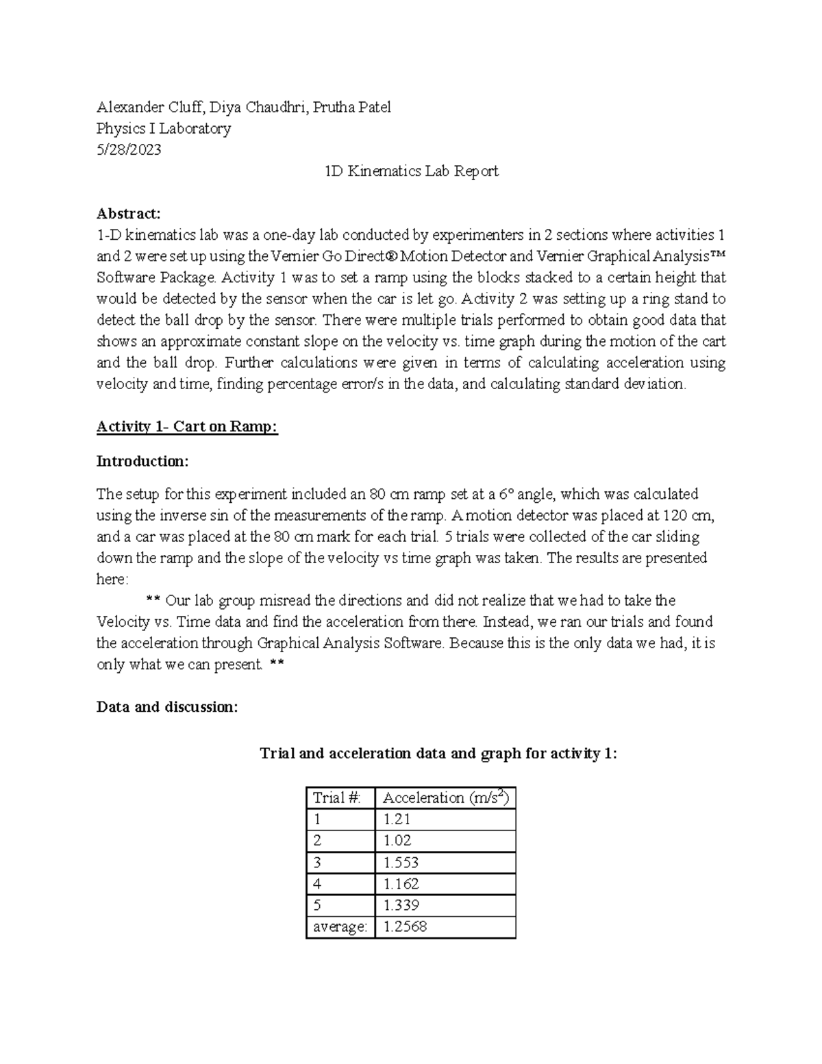 PHYS 101 - 1D Kinematics Lab Report Assignment - Studocu