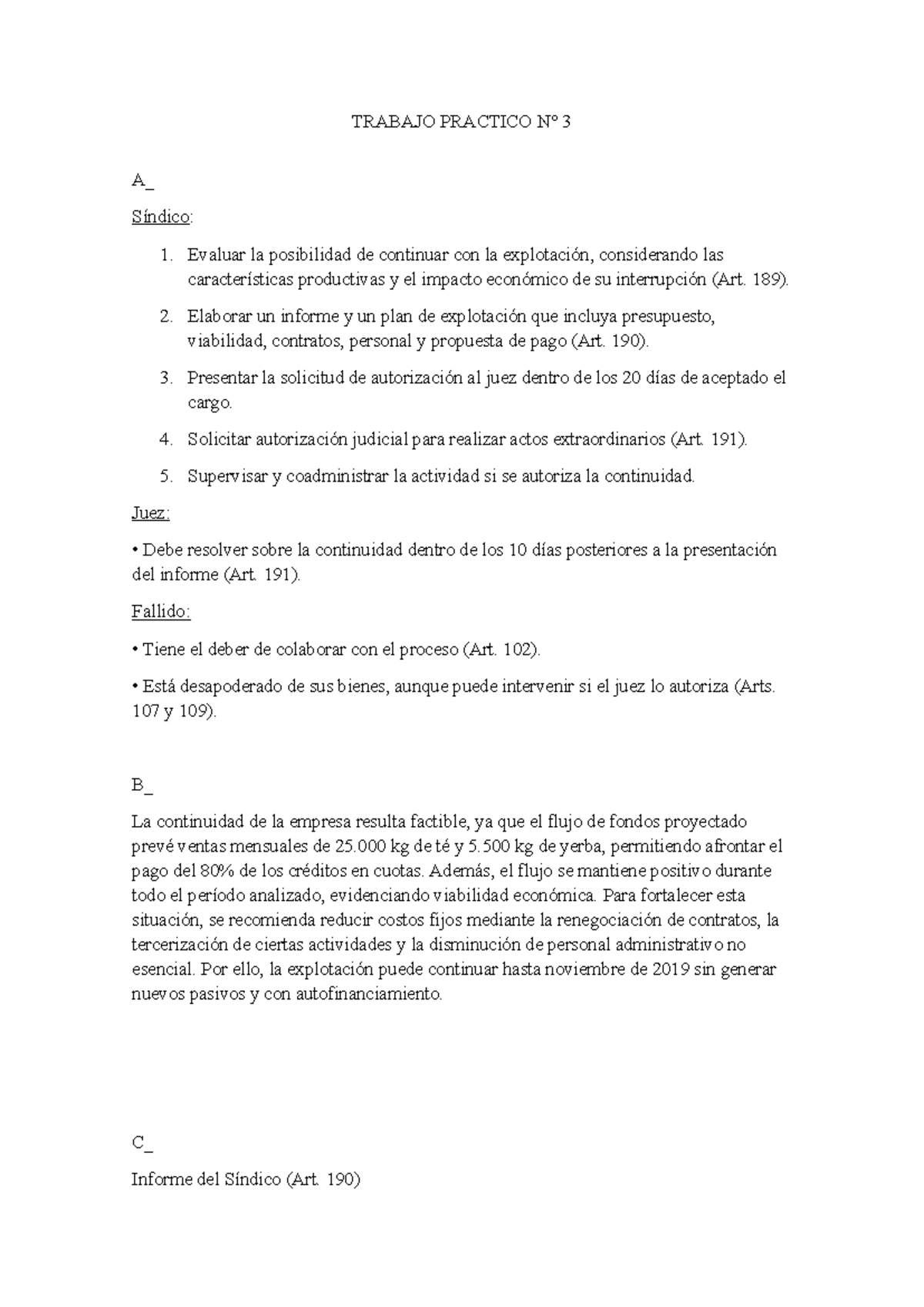 TP 3 Concursos y Quiebras: Informe del Síndico y Plan de Explotación ...