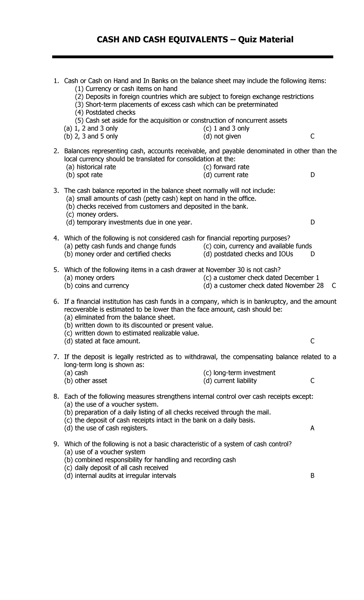 382834899 Cash Quiz Study Guide: Key Concepts and Practice Questions ...