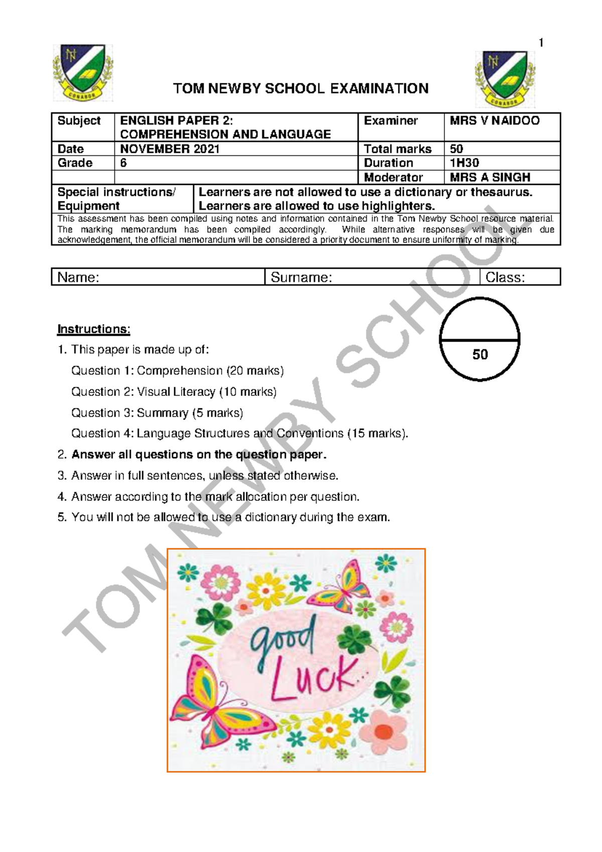 Grade 6 English Exam Paper 2: Comprehension & Language Nov 2021 - Studocu