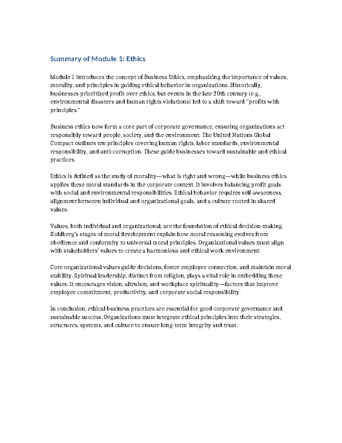 Business Ethics Summary: Module 1 Overview and Key Concepts - Studocu