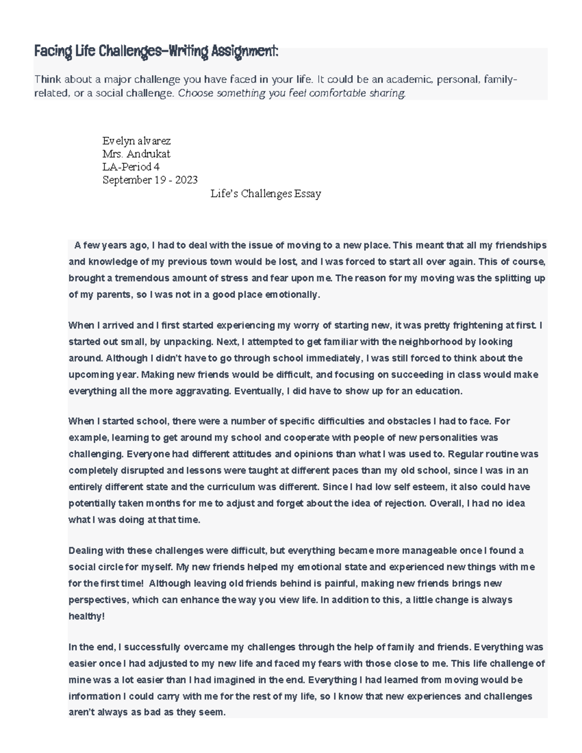 Life's Challenges Essay - Facing Life Challenges–Writing Assignment ...