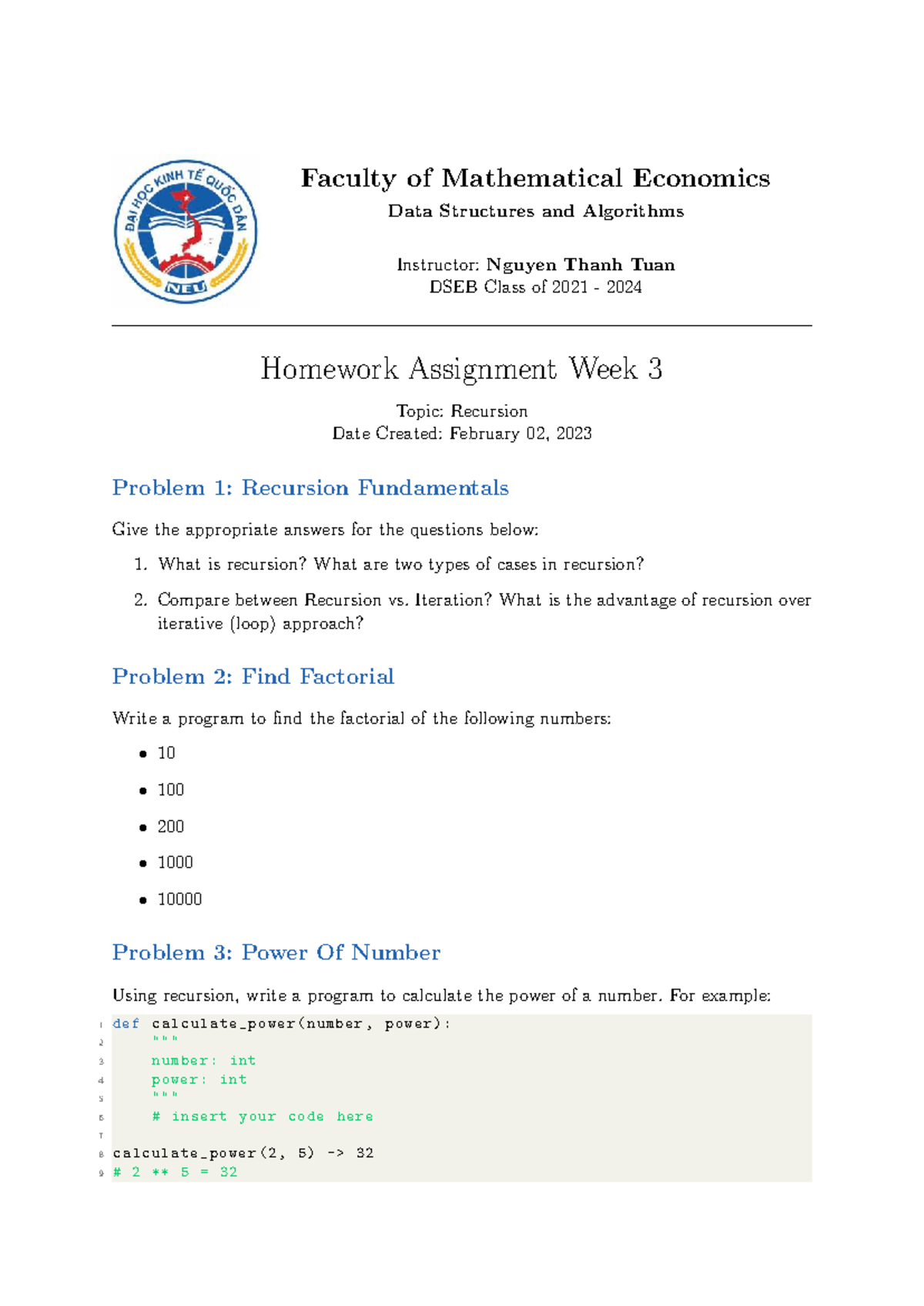 DSA 2023 Homework Assignment W3: Recursion Fundamentals - Studocu