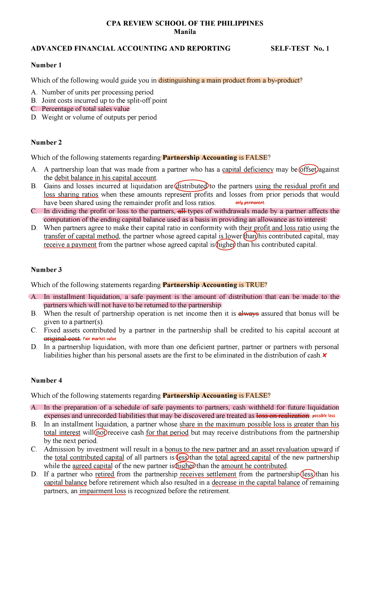 CPA REVIEW: ADVANCED FINANCIAL ACCOUNTING AND REPORTING Self-Test 1 ...