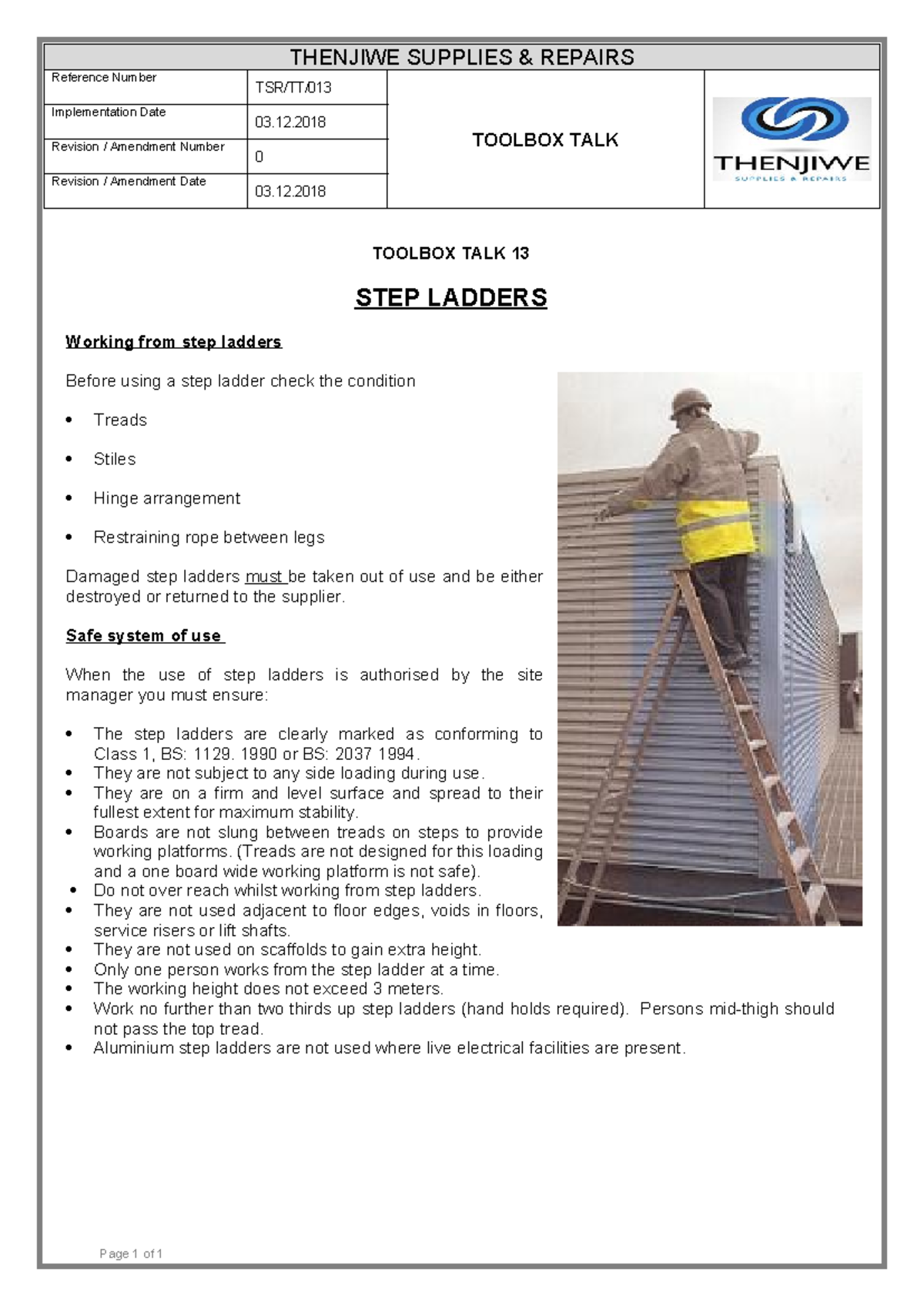 Toolbox Talk 13: Safe Use of Step Ladders - Implementation 03.12.2018 ...