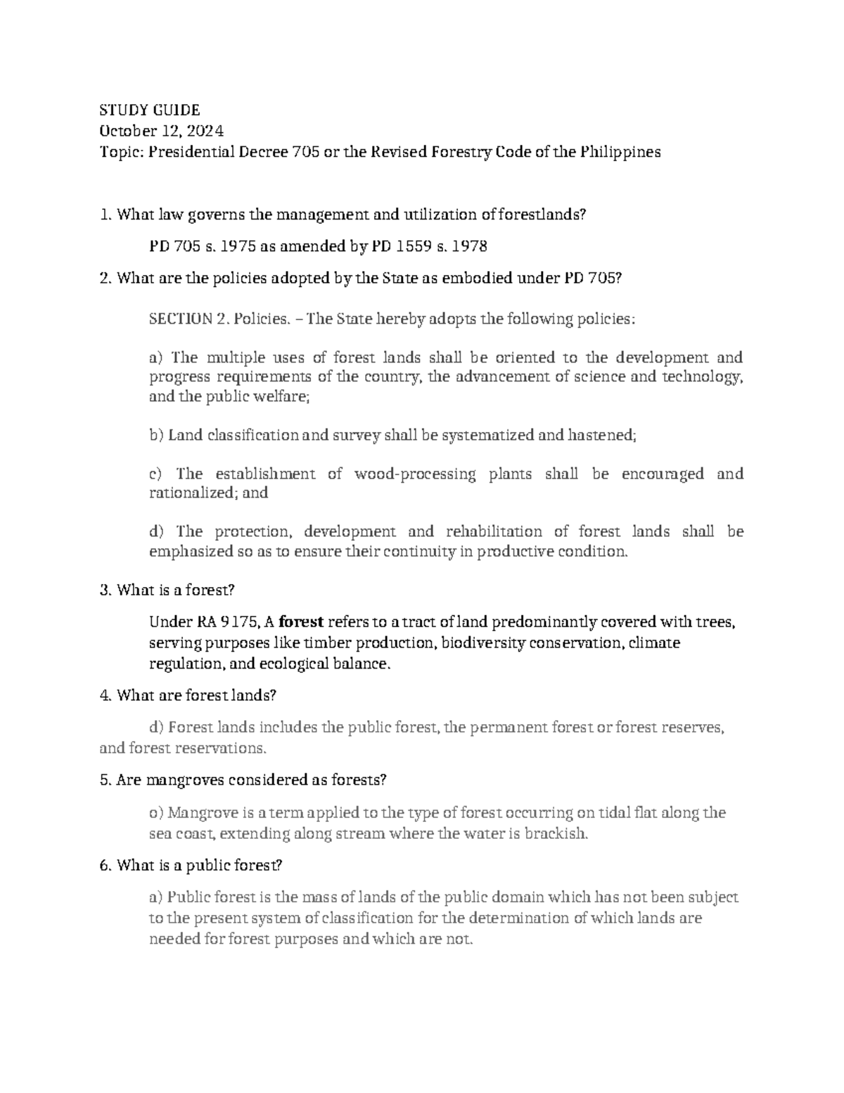 Study Guide - PD 705: Revised Forestry Code Overview and Insights - Studocu