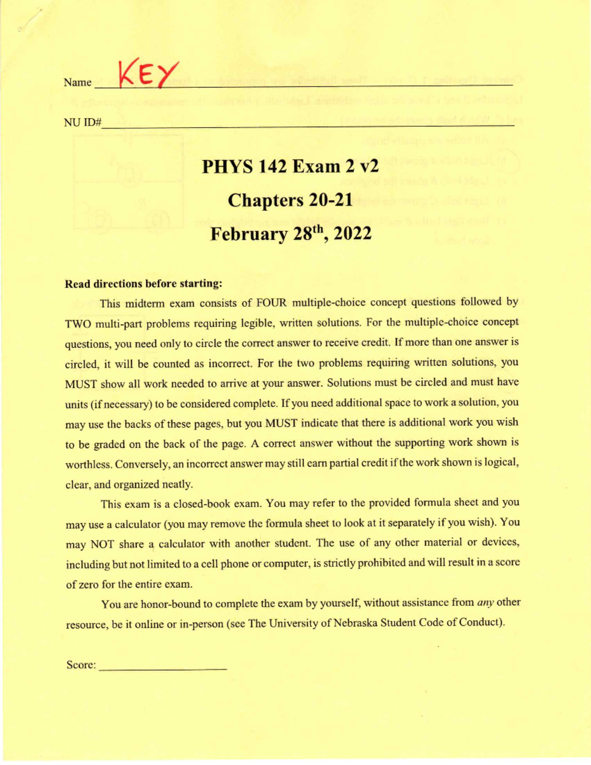 PHYS 142 Exam 2 Answer Key - Midterm Solutions from Feb 2022 - Studocu