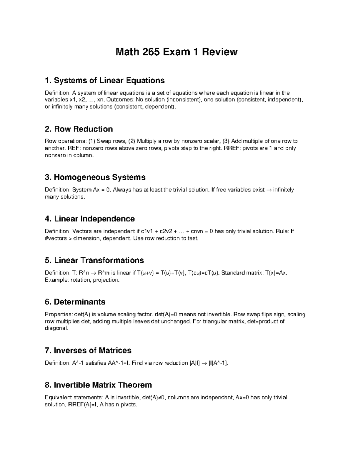 Math 265 Exam 1 Review - Systems of Linear Equations & More - Studocu