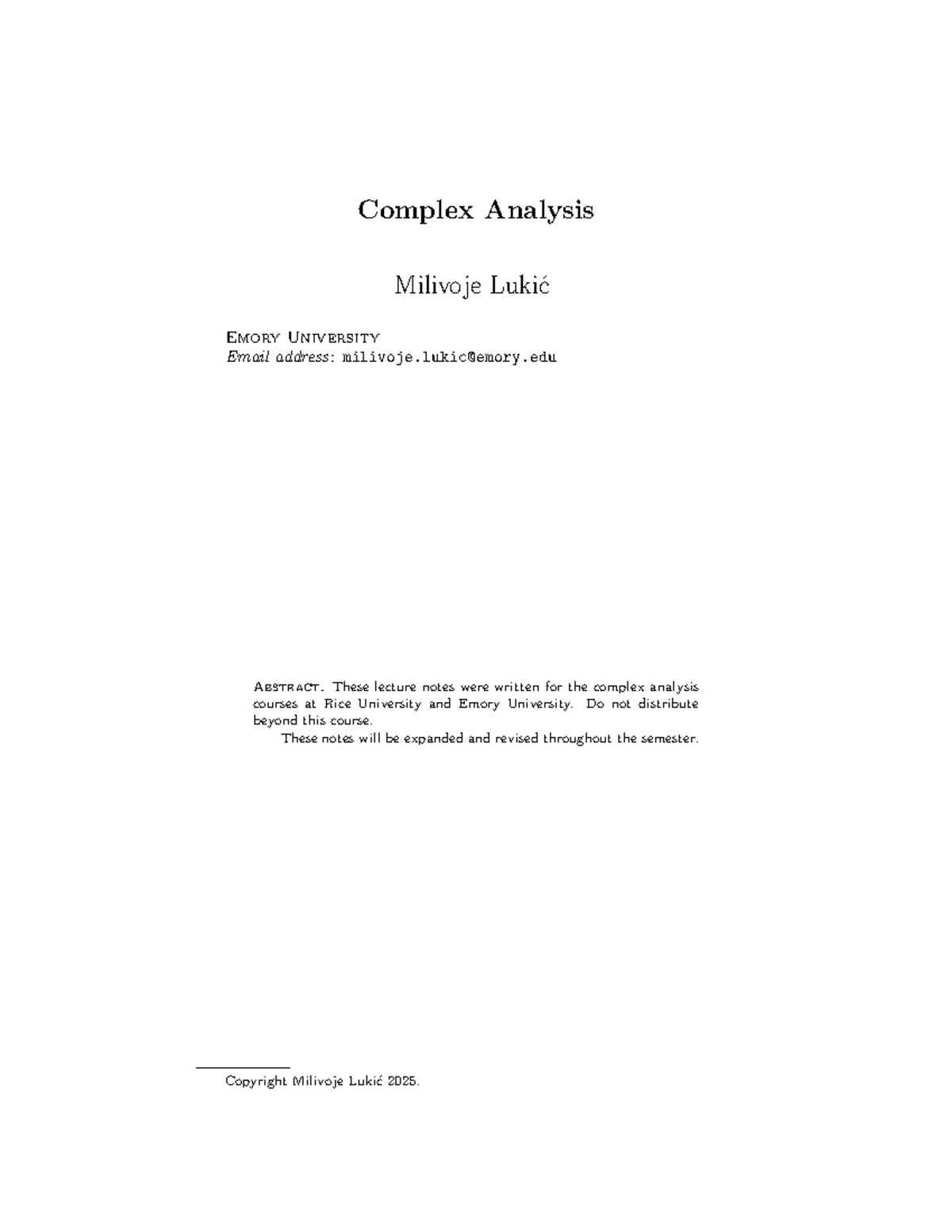 Complex Analysis Lecture Notes - Emory University - Studocu