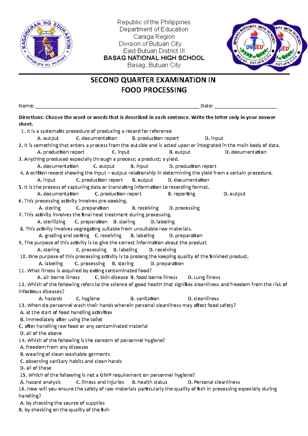2nd Quarter Exam in Food Processing - Studocu