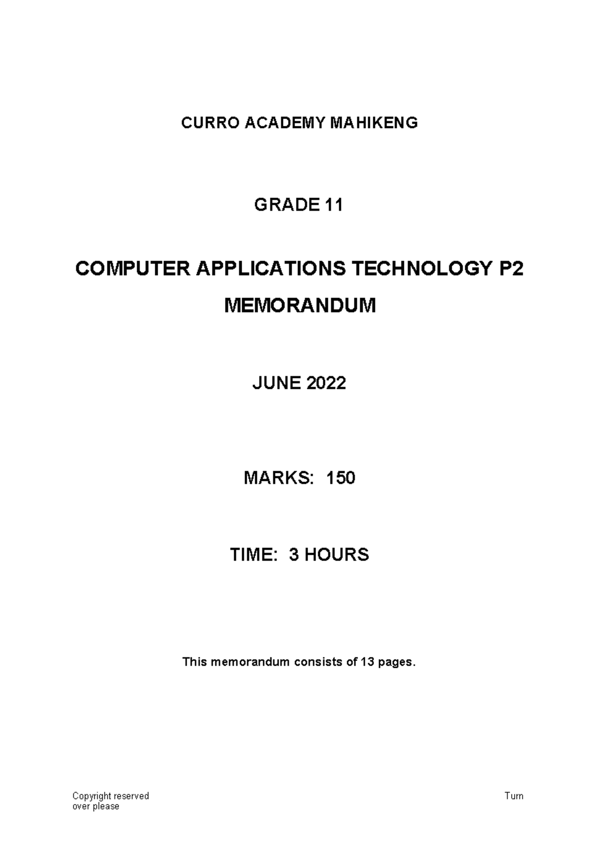 Grade 11 Computer Applications Technology P2 June 2022 Memorandum - Studocu