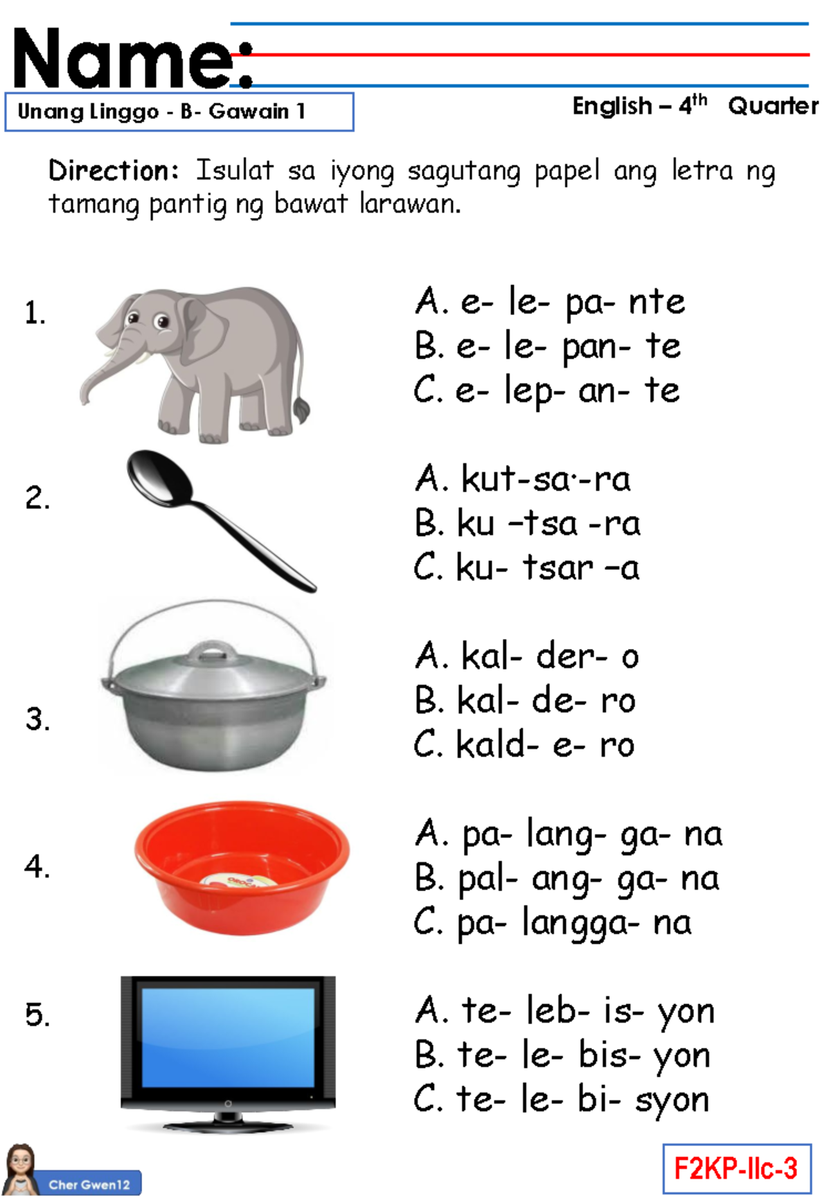 Filipino 2 Worksheets Q4 W1B - Unang Linggo - B- Gawain 1 English – 4 ...
