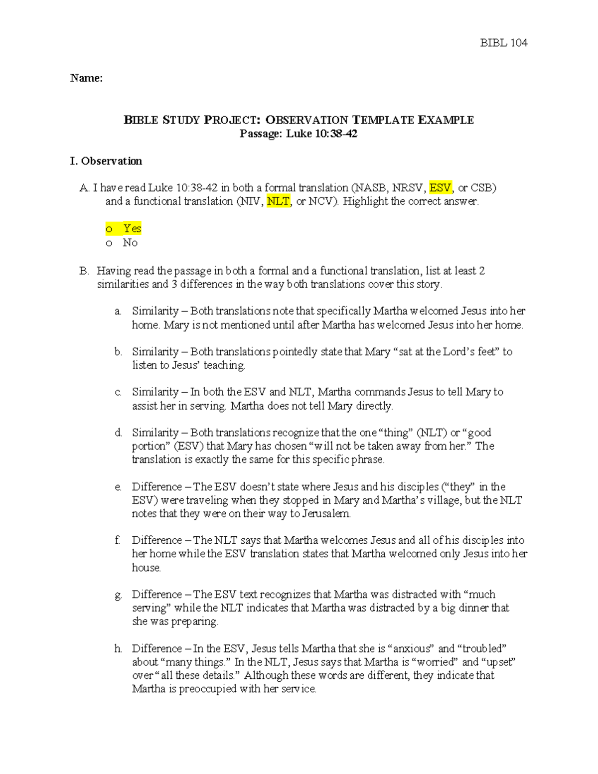 BIBLE STUDY PROJECT (Luke 10:38-42): OBSERVATION TEMPLATE NOTES - Studocu