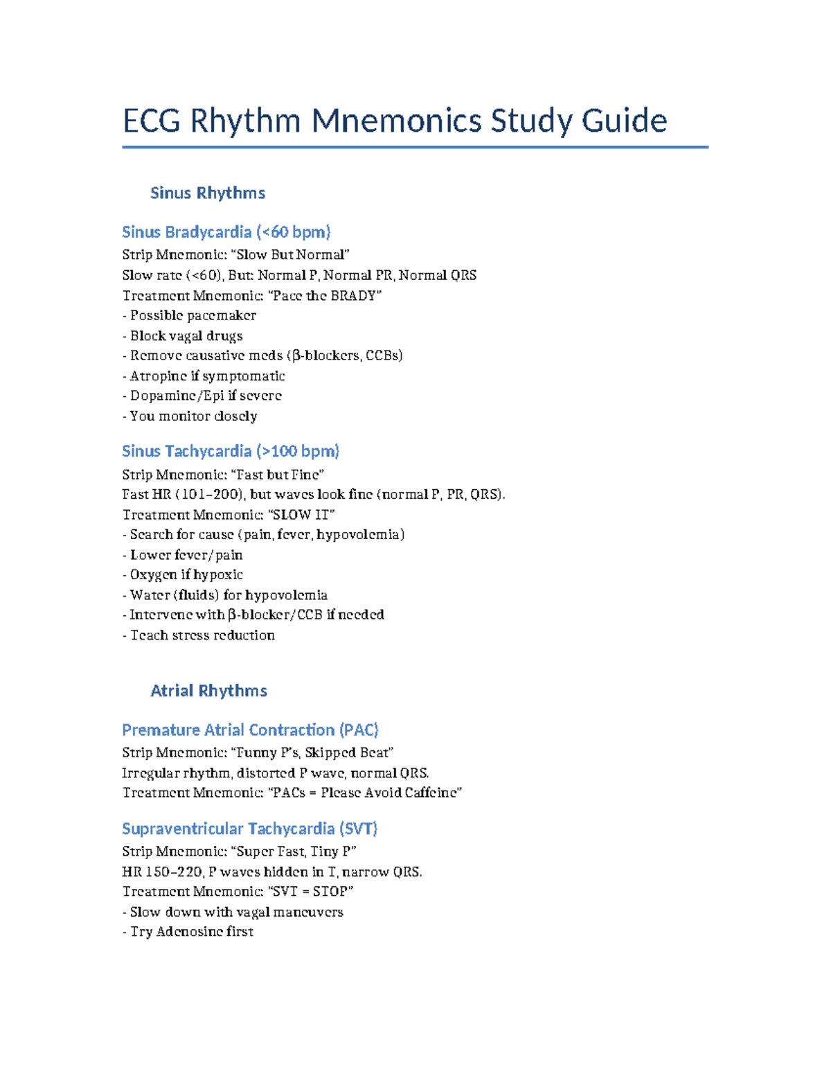ECG Rhythm Mnemonics Study Guide: Sinus & Atrial Rhythms - Studocu