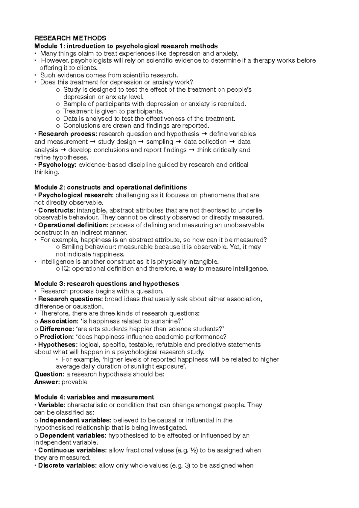 Research Methods Notes: Introduction to Psychological Research (Psych ...