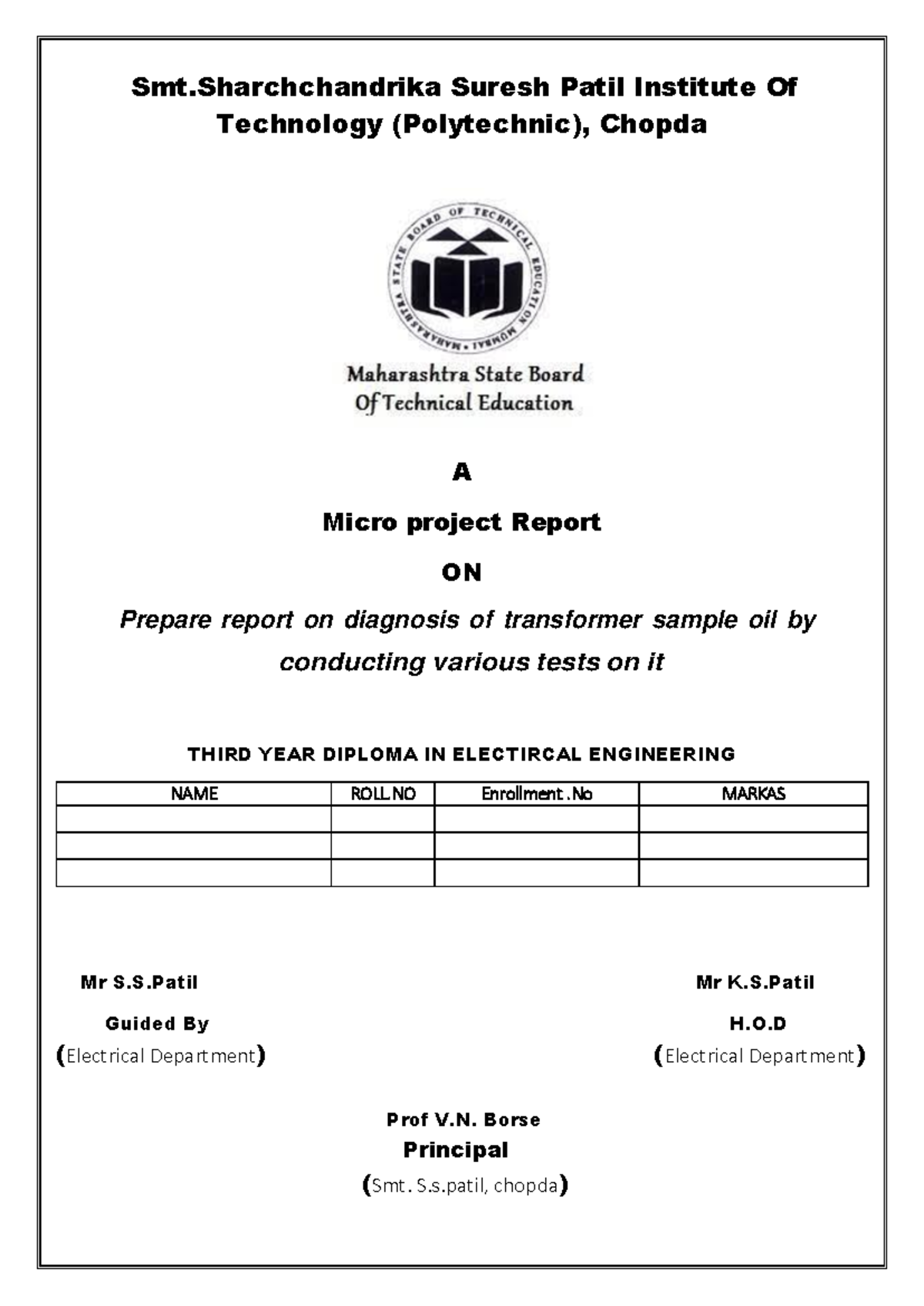 MEE 22625 Micro Project Report on Transformer Oil Diagnosis Testing ...
