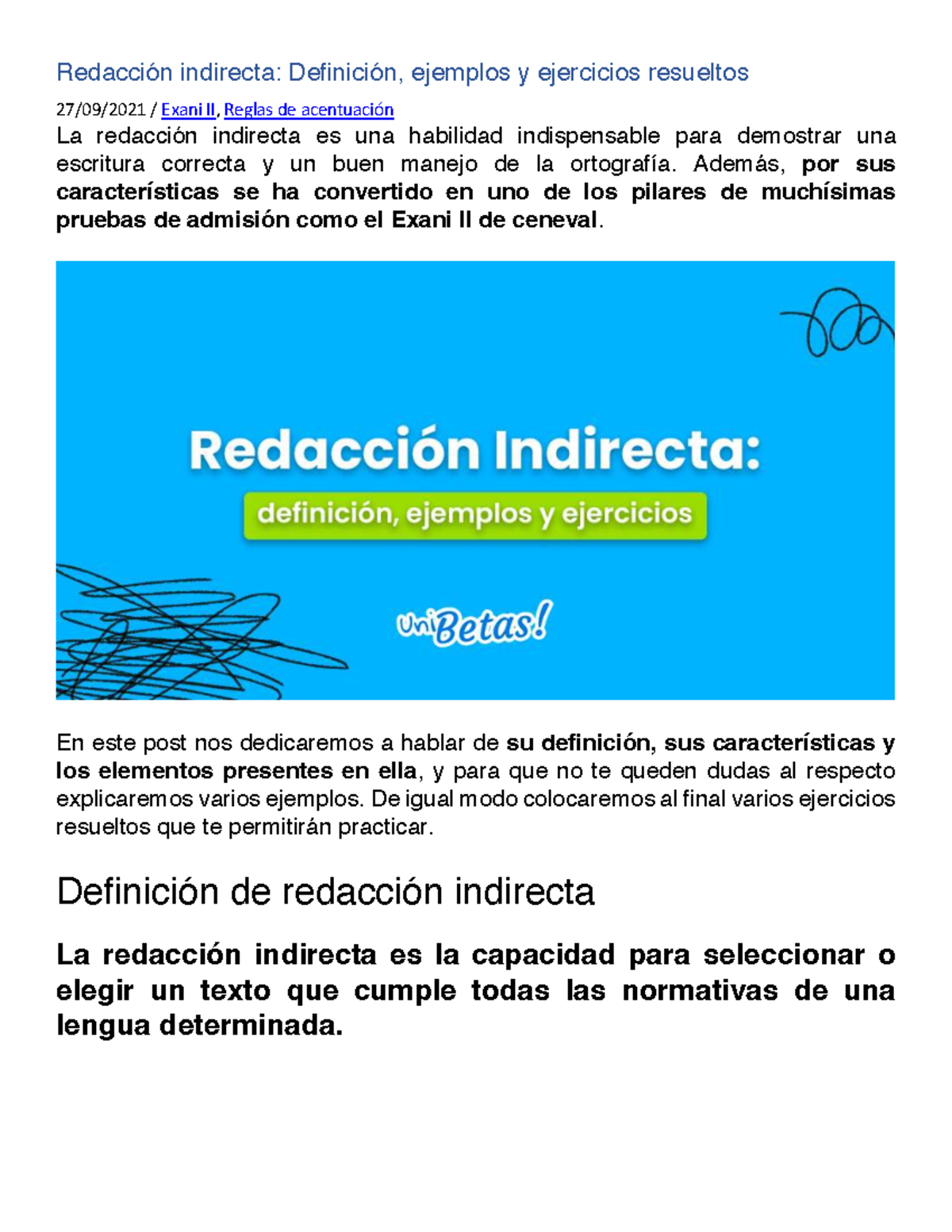 Redacción Indirecta: Definición, Ejemplos y Ejercicios Exani II - Studocu