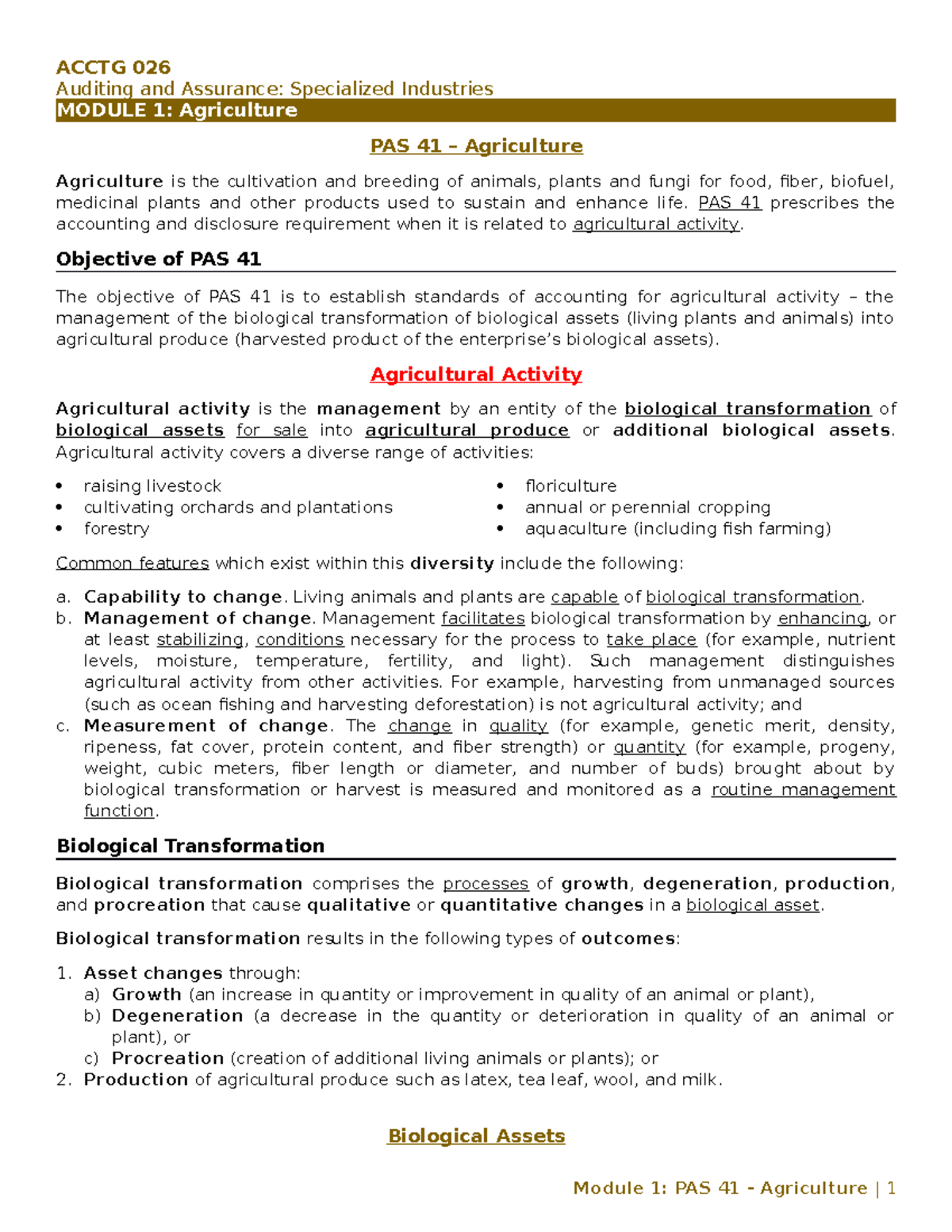 PAS 41: Auditing Agriculture Accounting Standards and Practices - Studocu