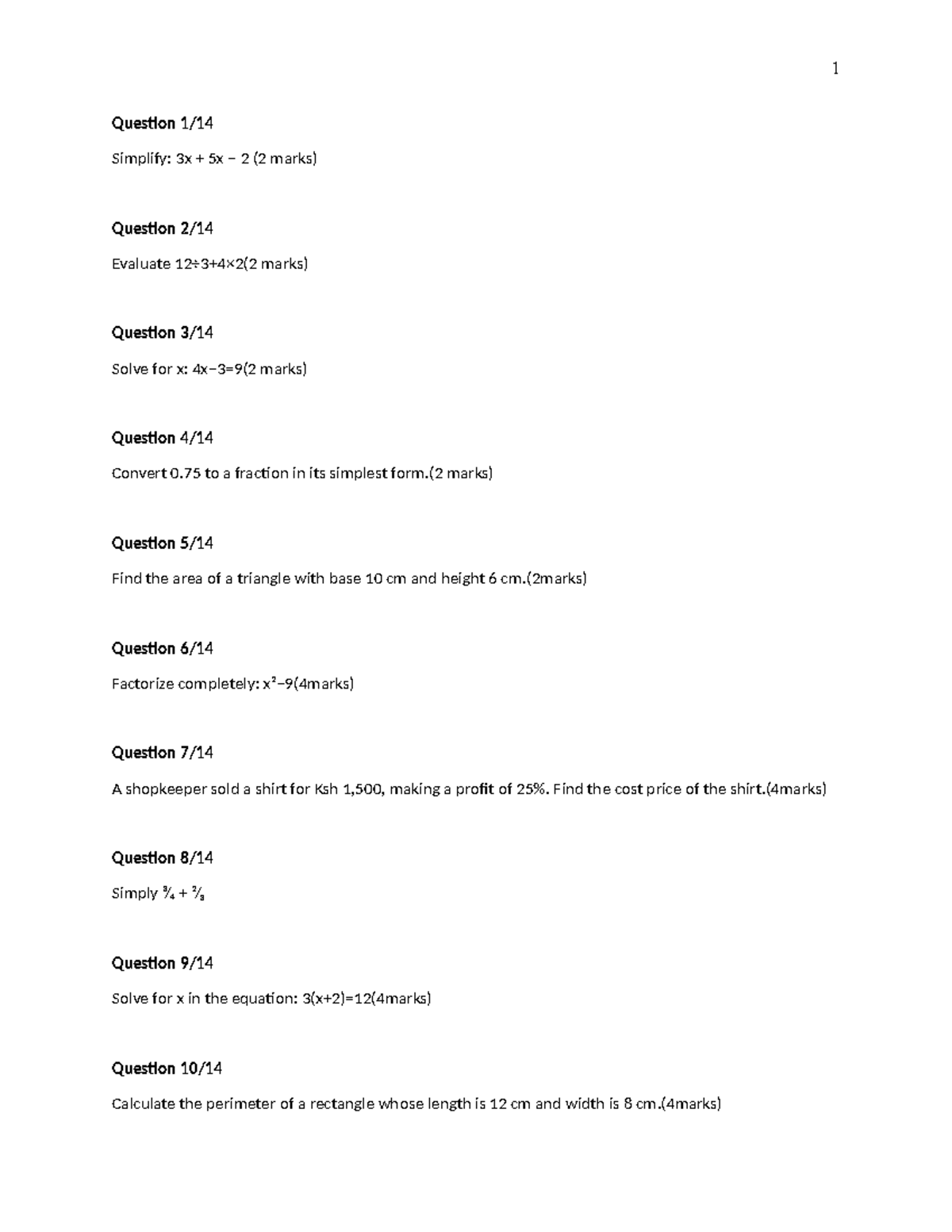 Mathematics - CBC Grade 9 Midterm Exam 1 2025 Questions Set 1 - Studocu