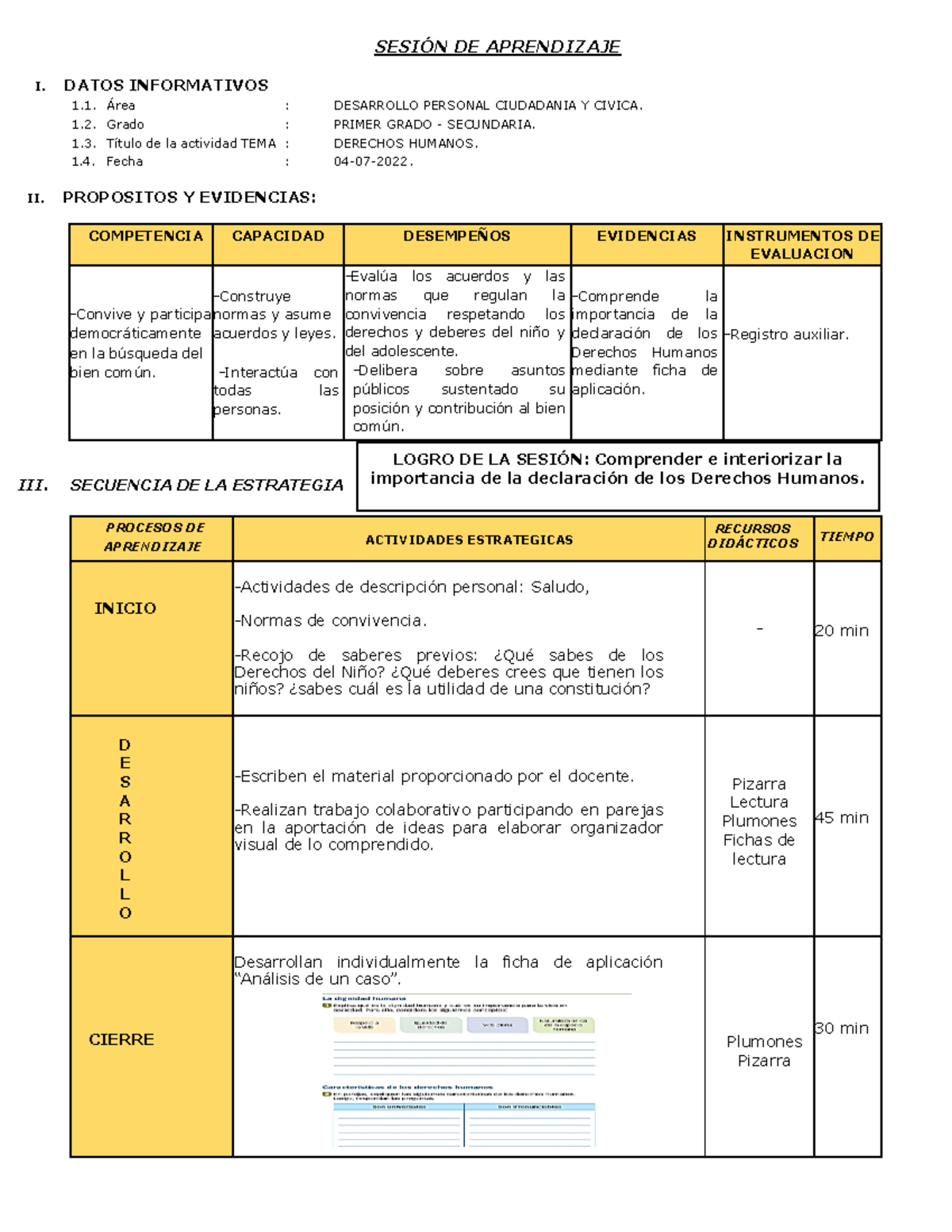 Sesión DE Aprendizaje - DPCC 1° 04-07 - SESI”N DE APRENDIZAJE I. DATOS INFORMATIVOS ¡rea : - Studocu