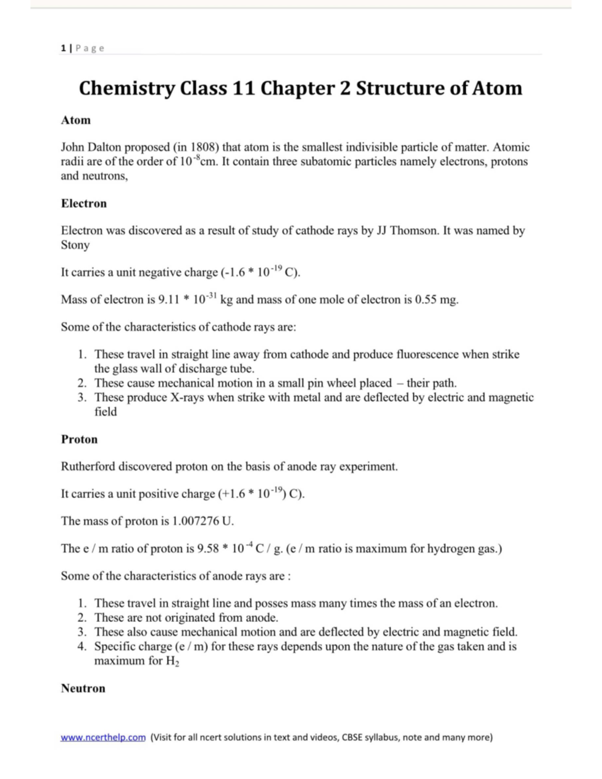 Chemistry Class 11 Chapter 2: Structure of Atom Overview - Studocu